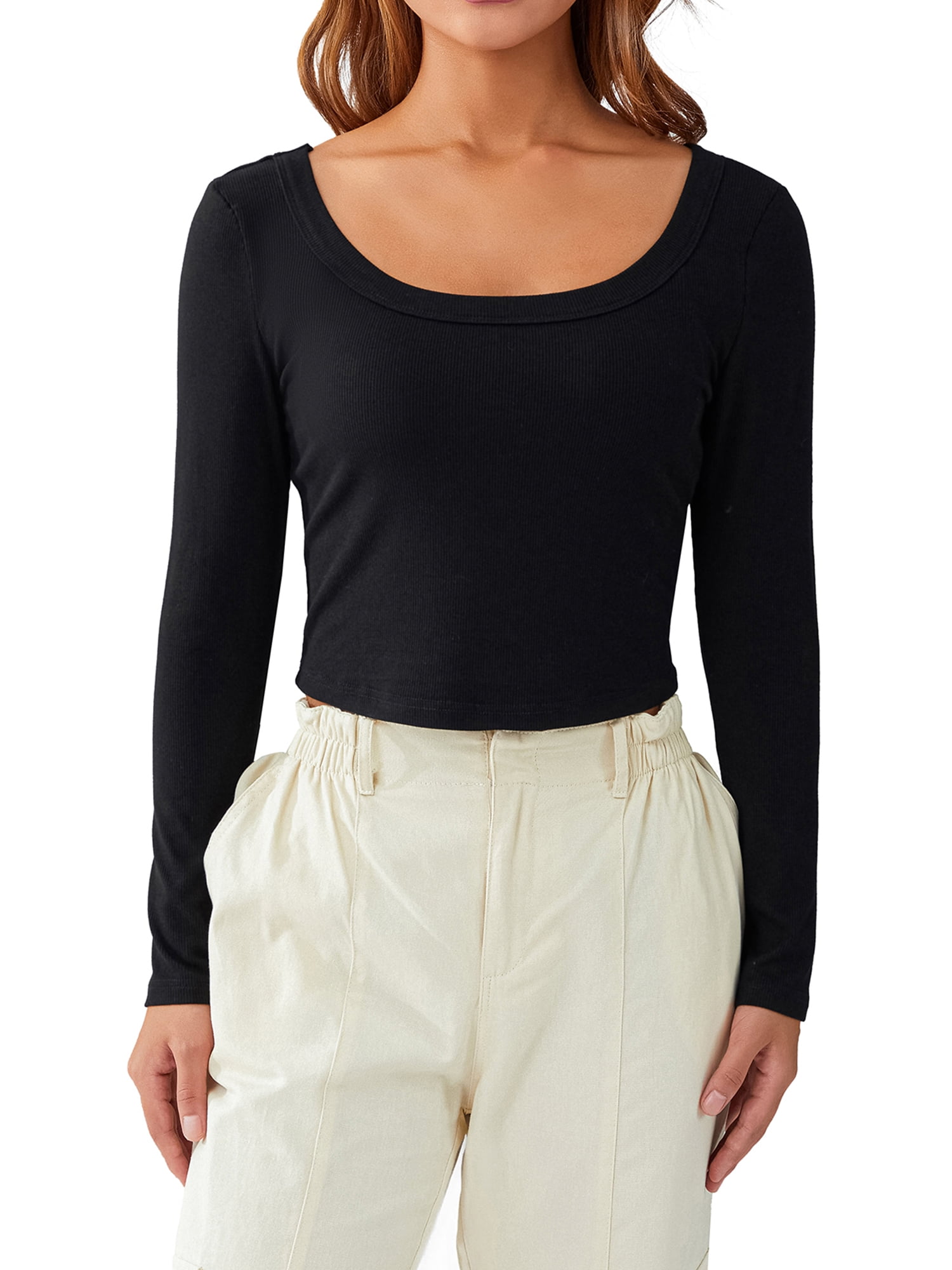 Douhoow Women Ribbed Slim Fit Crop Top Scoop Neck Low Cut Basic Solid ...