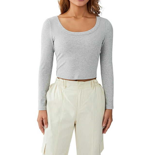 Douhoow Women Ribbed Slim Fit Crop Top Scoop Neck Low Cut Basic Solid ...