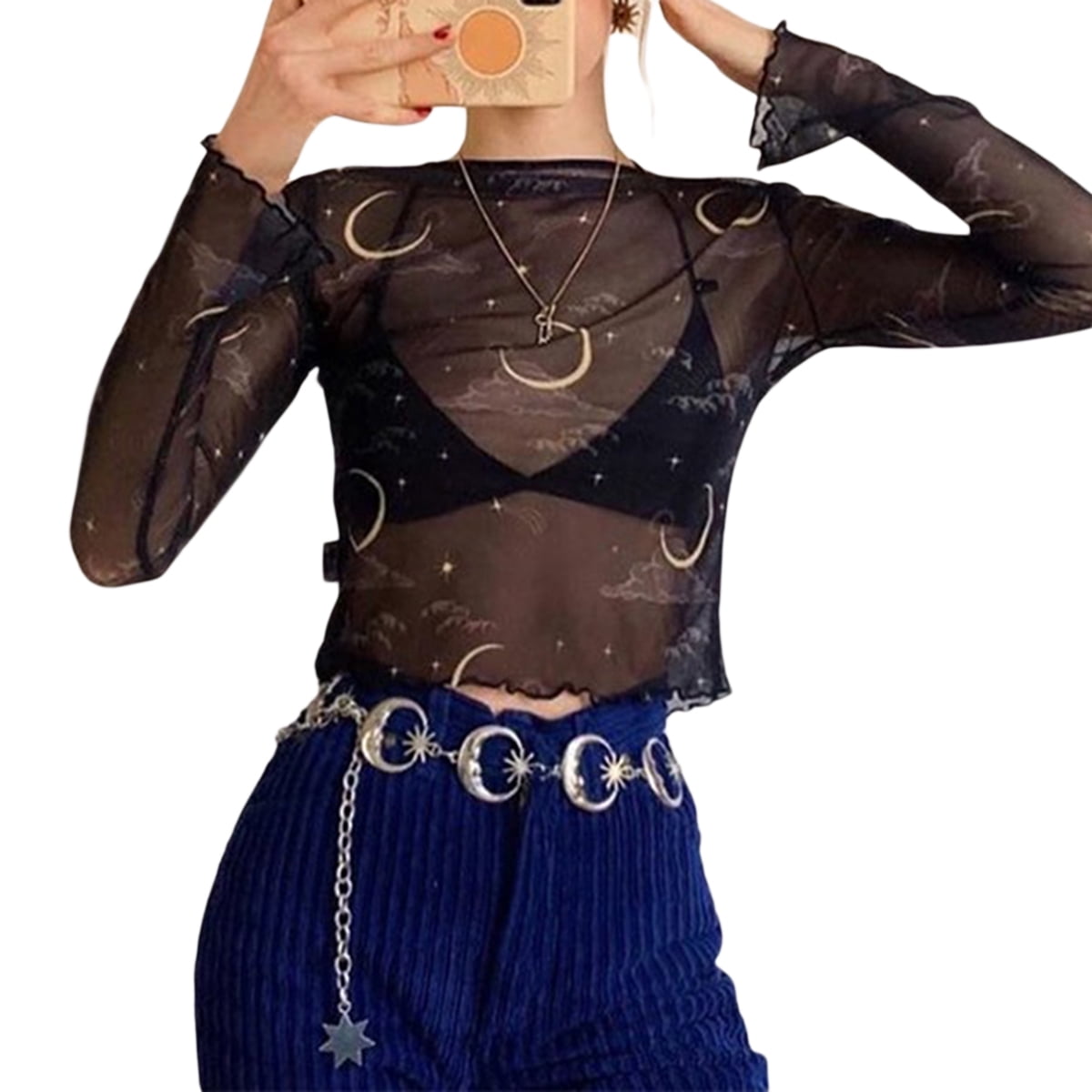 Douhoow Women See Through Mesh Tops Long Sleeve Sheer Slim Sun Moon T ...