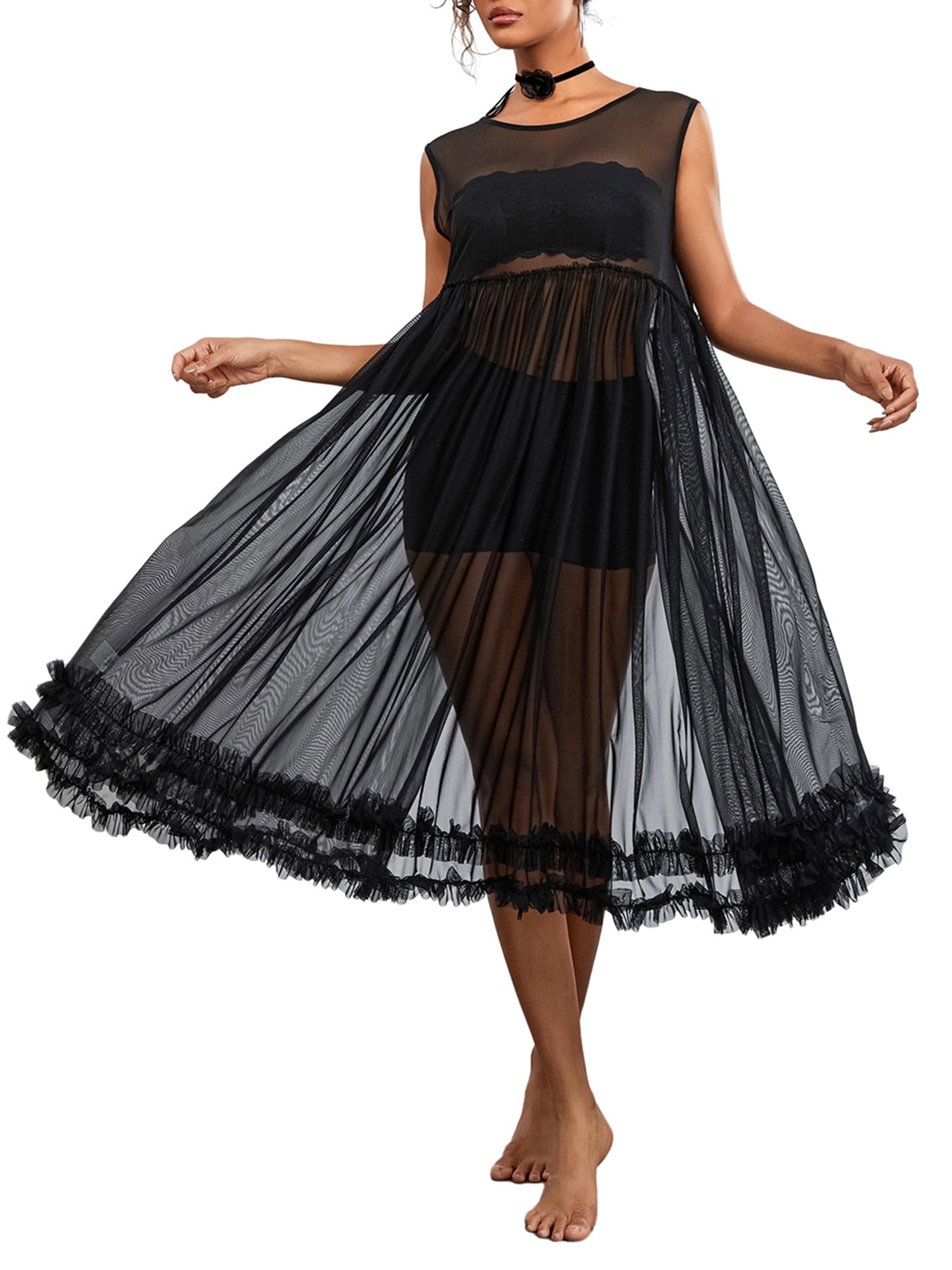 Douhoow Women Sheer Mesh Midi Dress Crew Neck Ruffle Sleeveless See ...