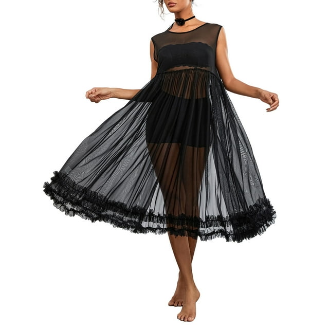 Douhoow Women Sheer Mesh Midi Dress Crew Neck Ruffle Sleeveless See ...