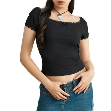 Merqwadd Womens Short Sleeve T-Shirt Y2k Lace Trim Crop Tops Crewneck ...
