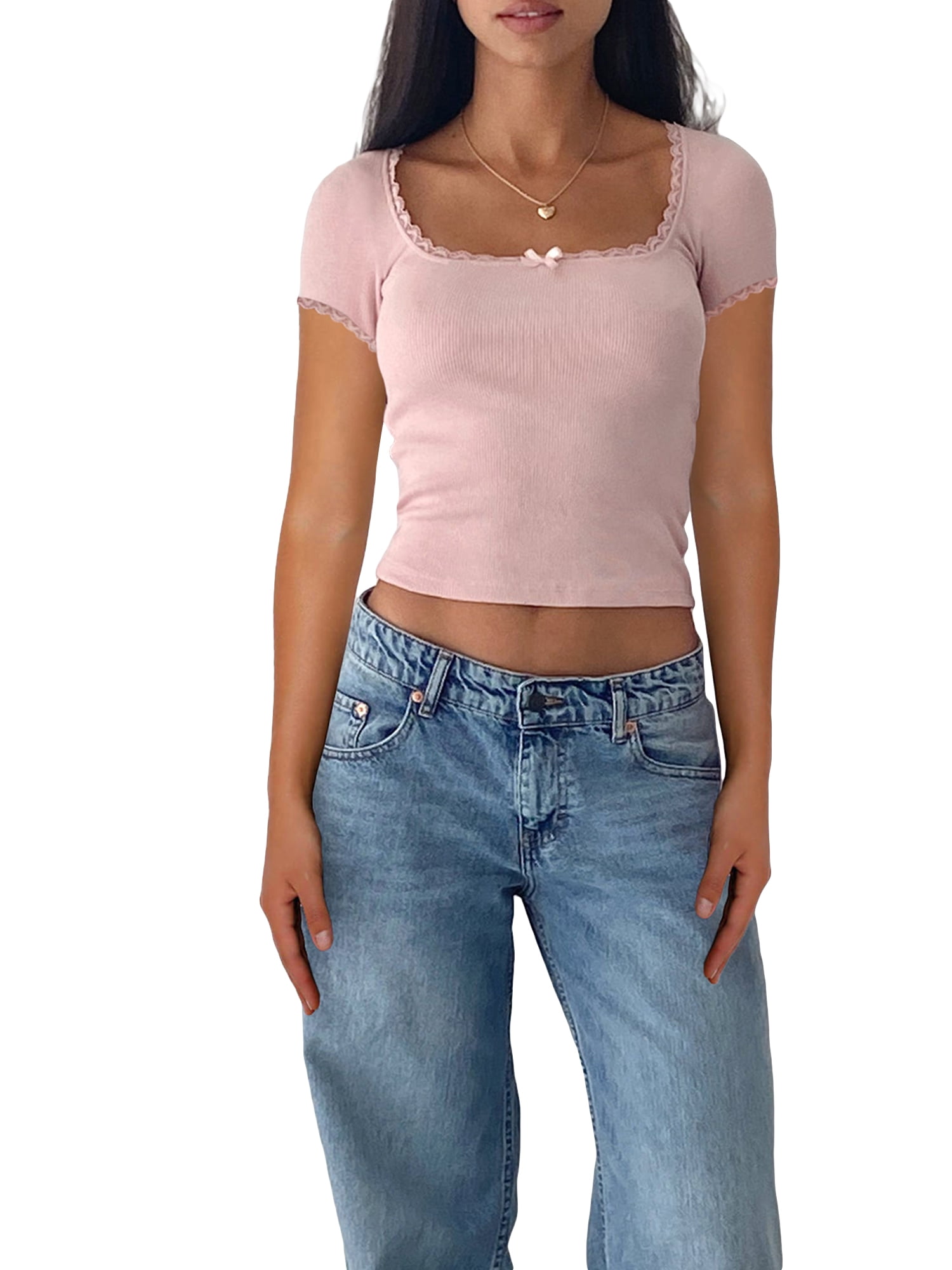 Douhoow Women Slim Crop Tops Basic Tees Summer Solid Color Lace Trim ...