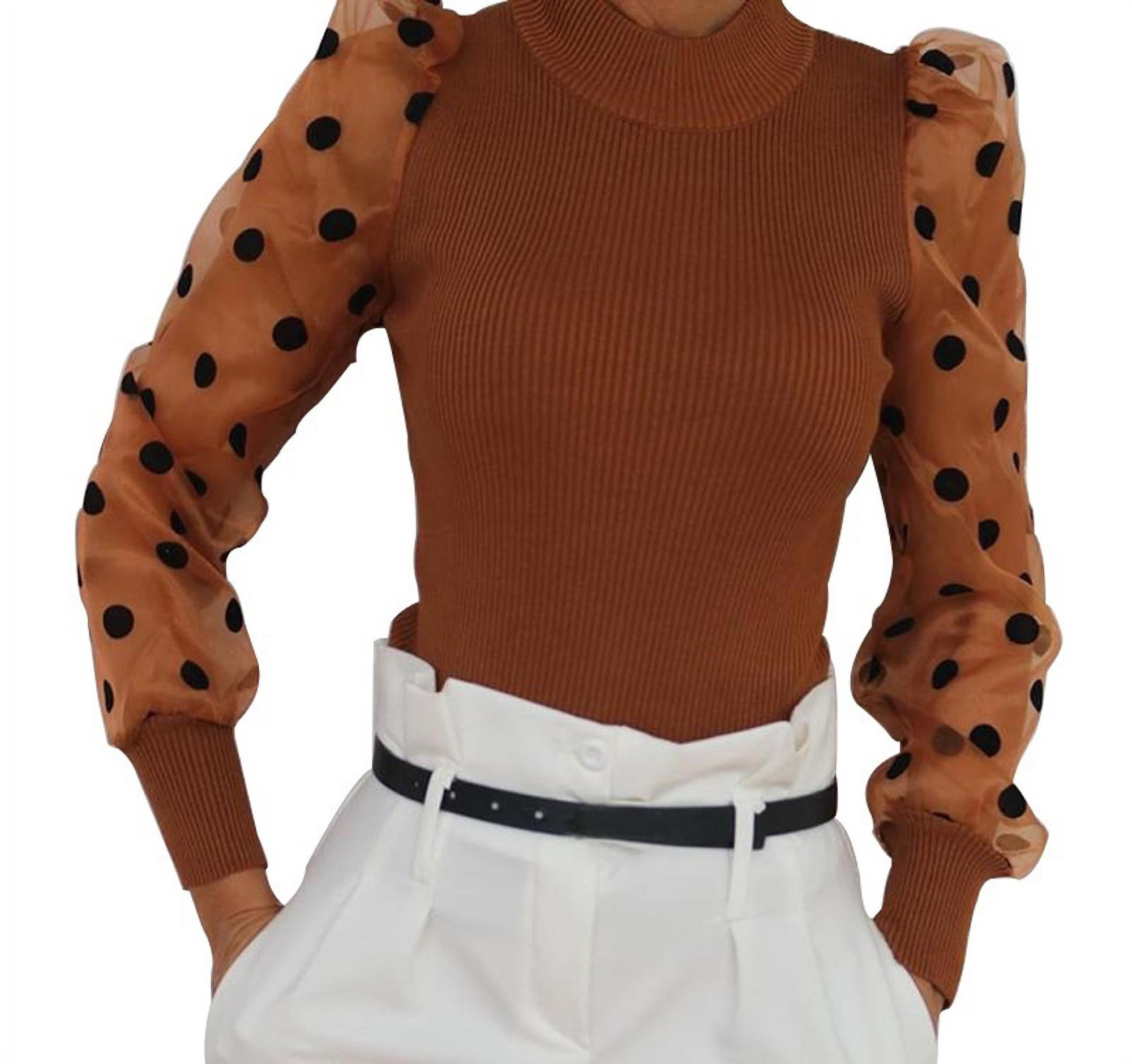 Douhoow Women Slim Pullover Mesh Puff Long Sleeve Blouse Mock Neck Top ...