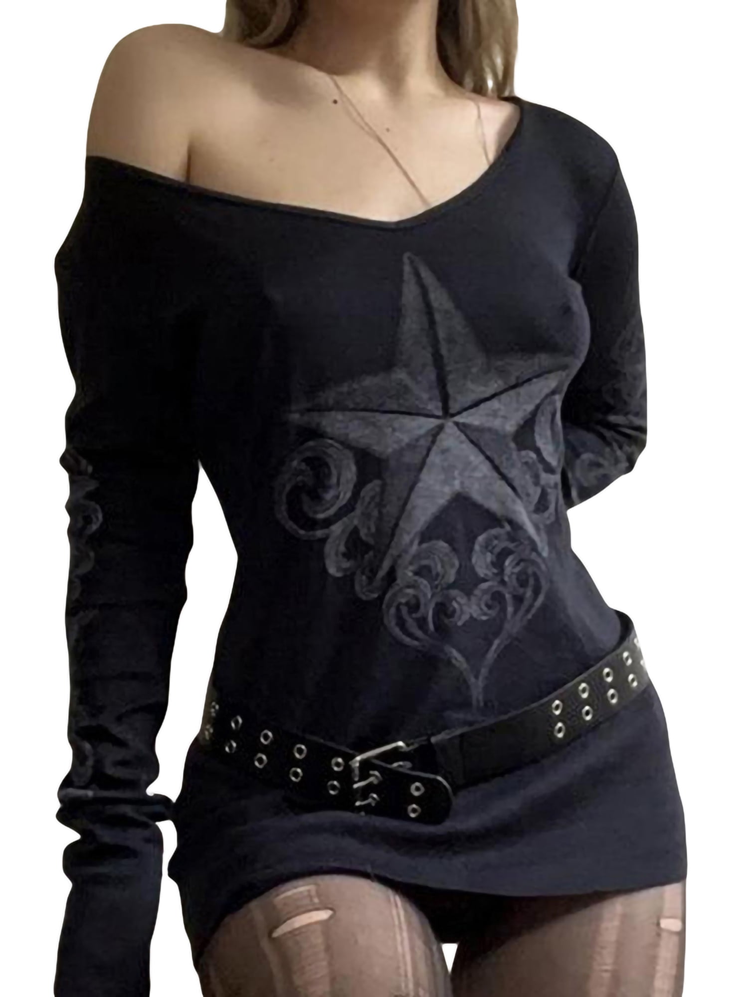 Douhoow Women Star Print Slim Fit Mini Dress Vintage Goth Bodycon ...