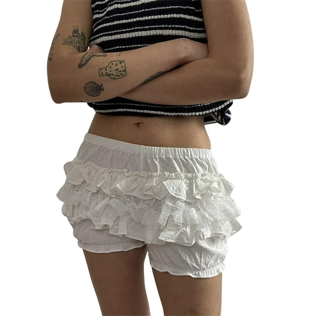 Douhoow Women White Bloomers Ruffle Lace Trim Pumpkin Pants Layered ...