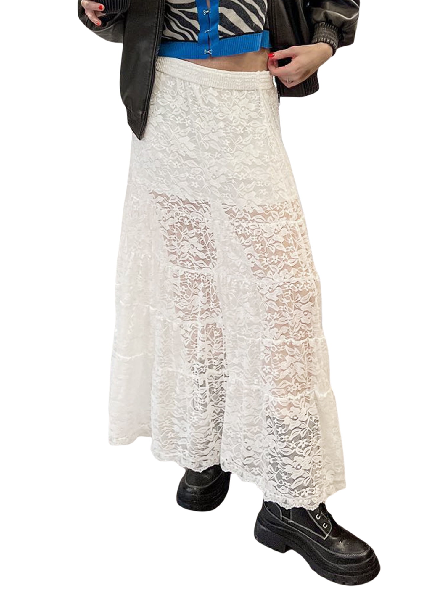 Douhoow Women White Floral Lace Skirts Elastic Waist Ruffle Sheer Long ...