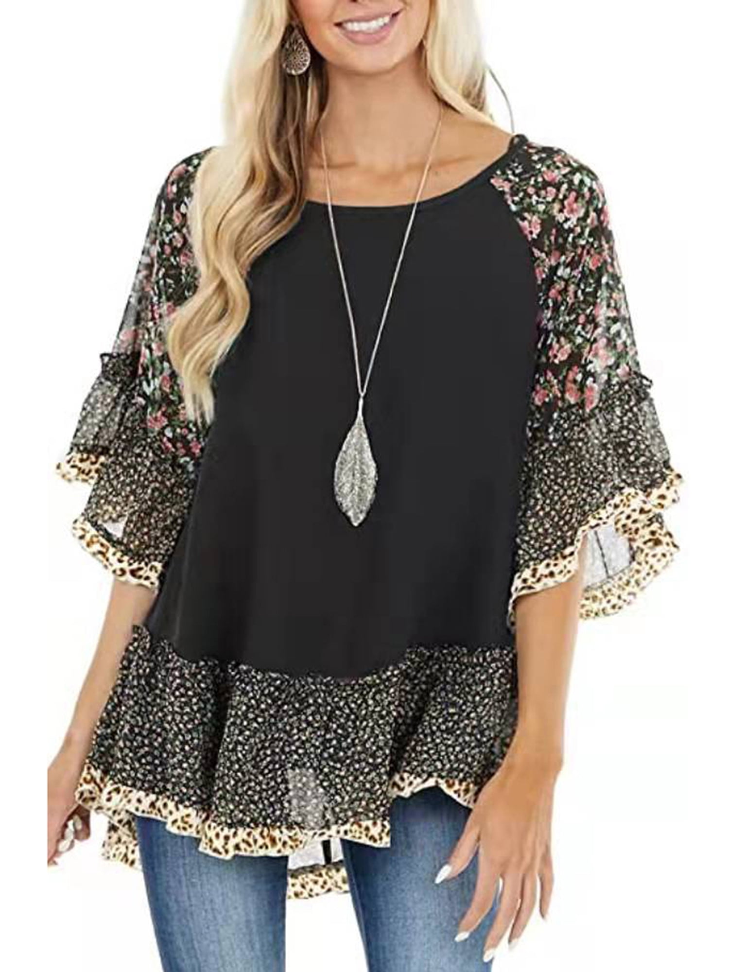 Douhoow Women's Boho Shirts Ruffle 3/4 Sleeve Crew Neck Blouse Leopard ...