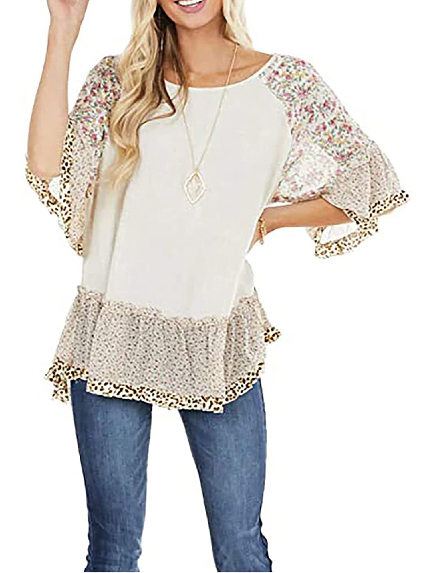 Douhoow Women's Boho Shirts Ruffle 3/4 Sleeve Crew Neck Blouse Leopard ...