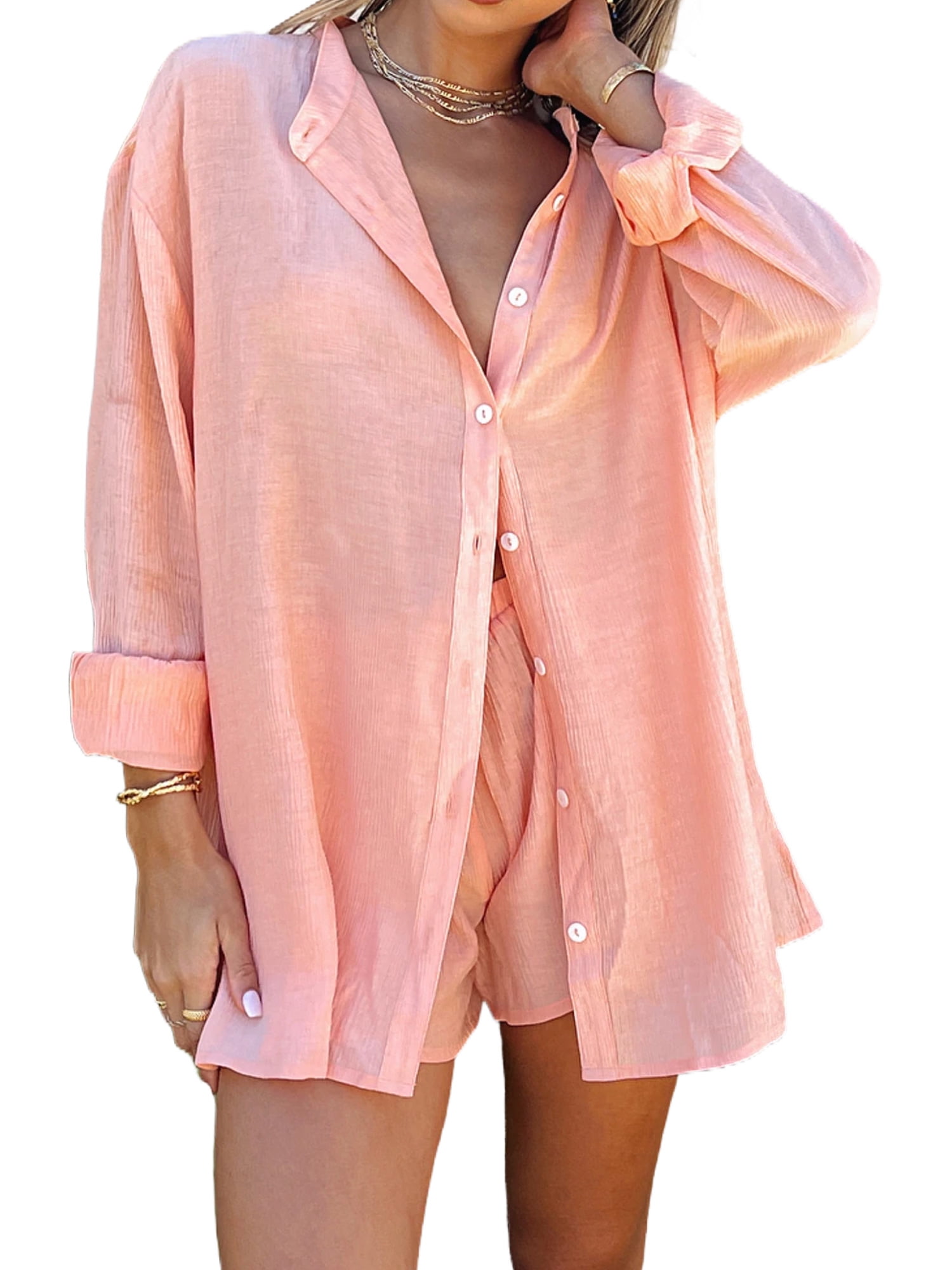 Douhoow Women's Summer Casual 2 Piece Outfits Set Short Sleeve Loose Shirt Elastic Waist Shorts ...