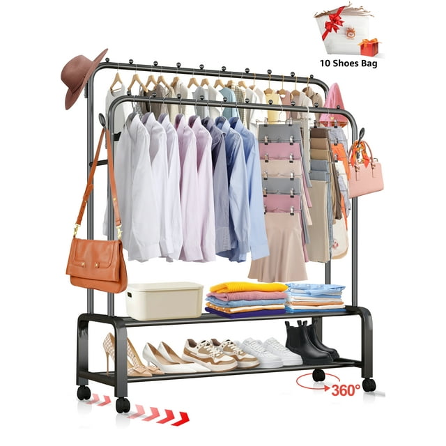 Doulami Movable 2 Tiers Rolling Clothes Rack with Double Rails, Shelves ...