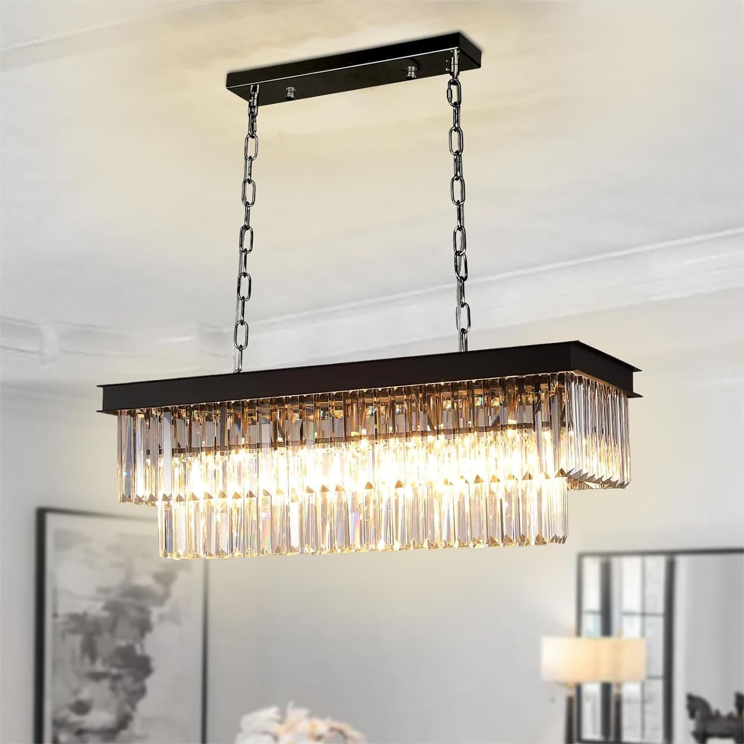 Dovanpaul 6 Light Black Crystal Chandeliers Rectangular Pendant Light ...