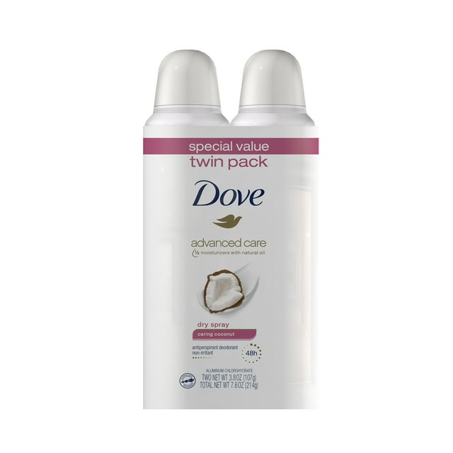 Dove Advanced Care Women's Antiperspirant Deodorant Dry Spray Twin Pack, Caring Coconut, 3.8 oz ...