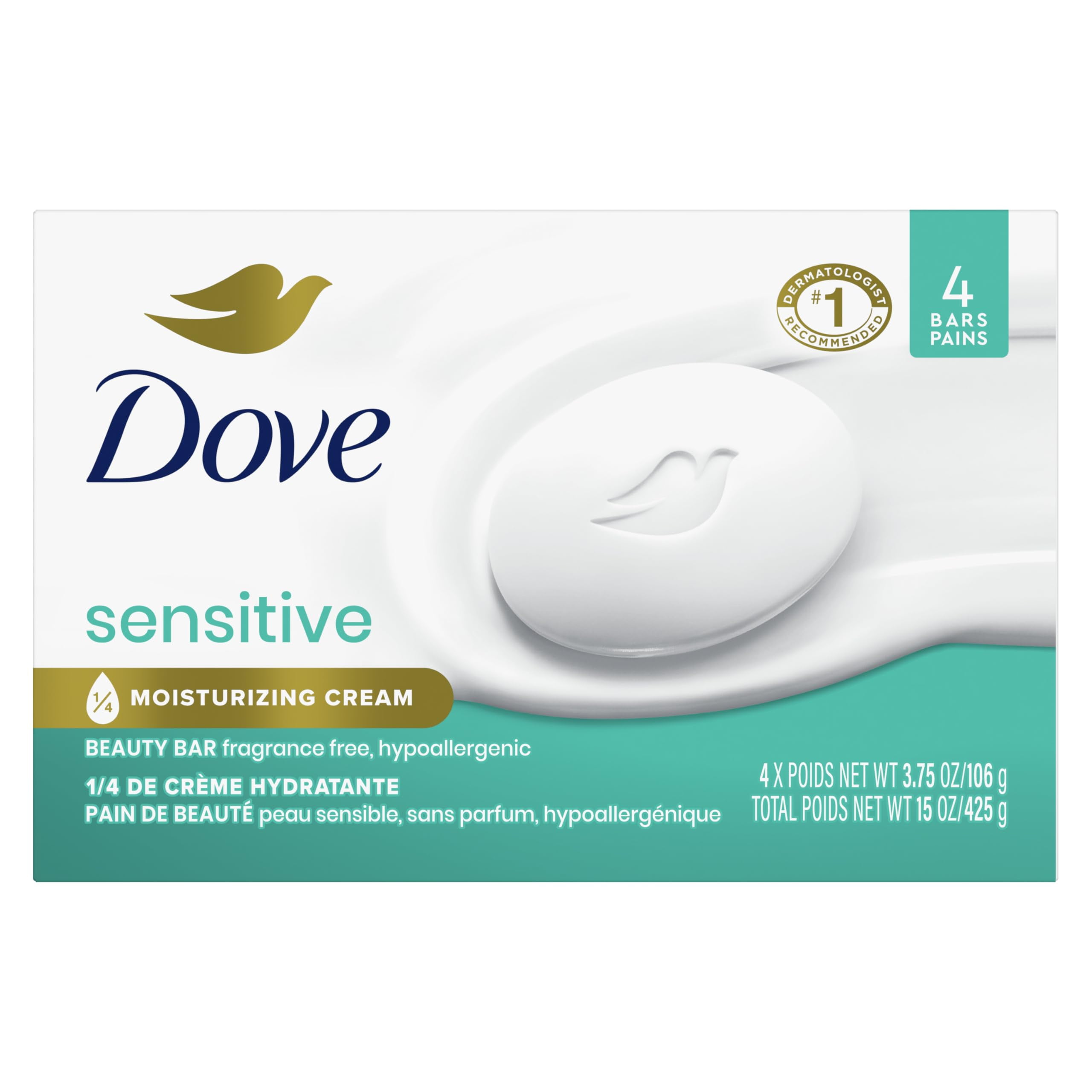 Dove Beauty Bar Soap Sensitive, 4 Bars for Sensitive Skin, Fragrance ...