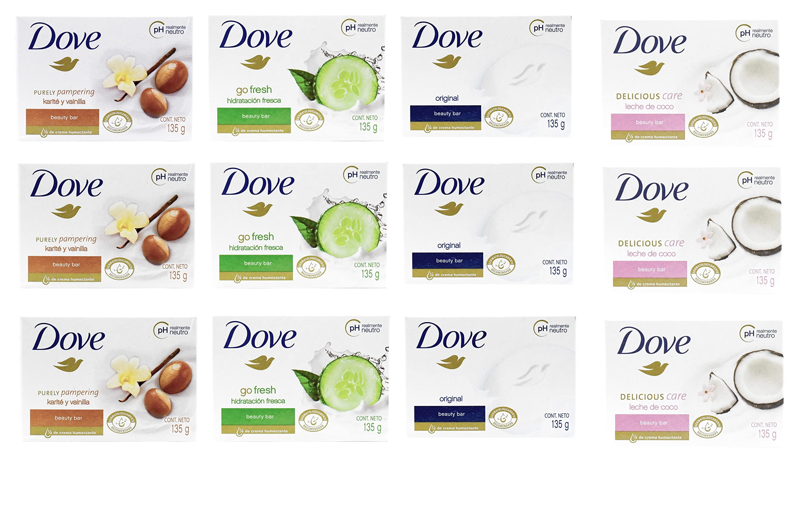Dove, Beauty Bar Soap Variety Pack Of 12, Go Fresh, Shea Butter, Coconut Milk, White - 135G, 56. ...