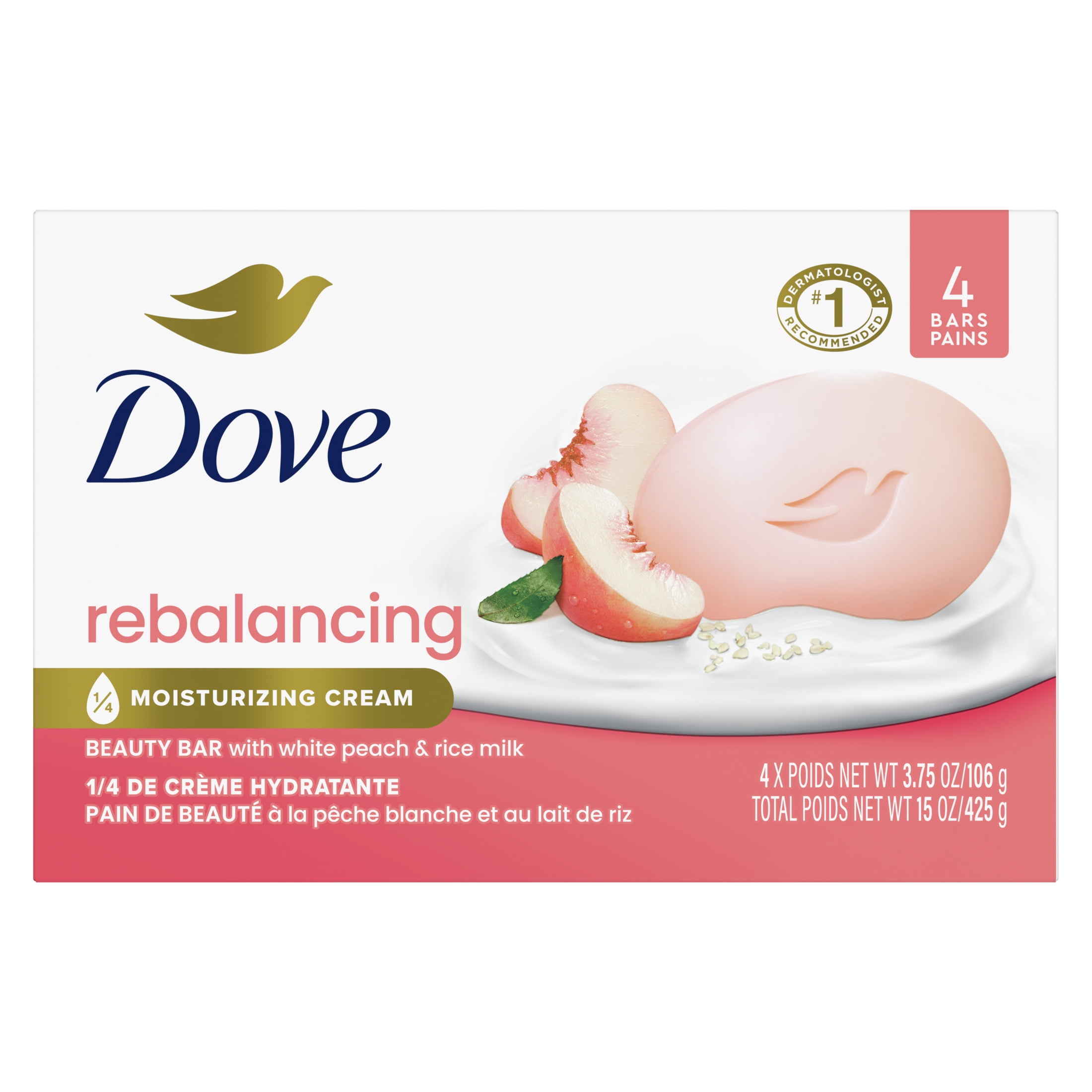 Dove Beauty Bar Soap for Women Rebalancing White Peach & Rice Milk All Skin, 3.75 oz 4 Bars ...