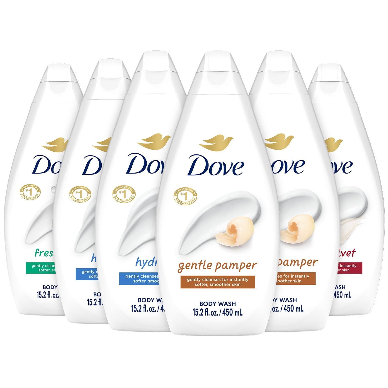 Dove Body Wash Hydrate, Gentle Pamper, Fresh Care, Silky Velvet 6-Pack ...