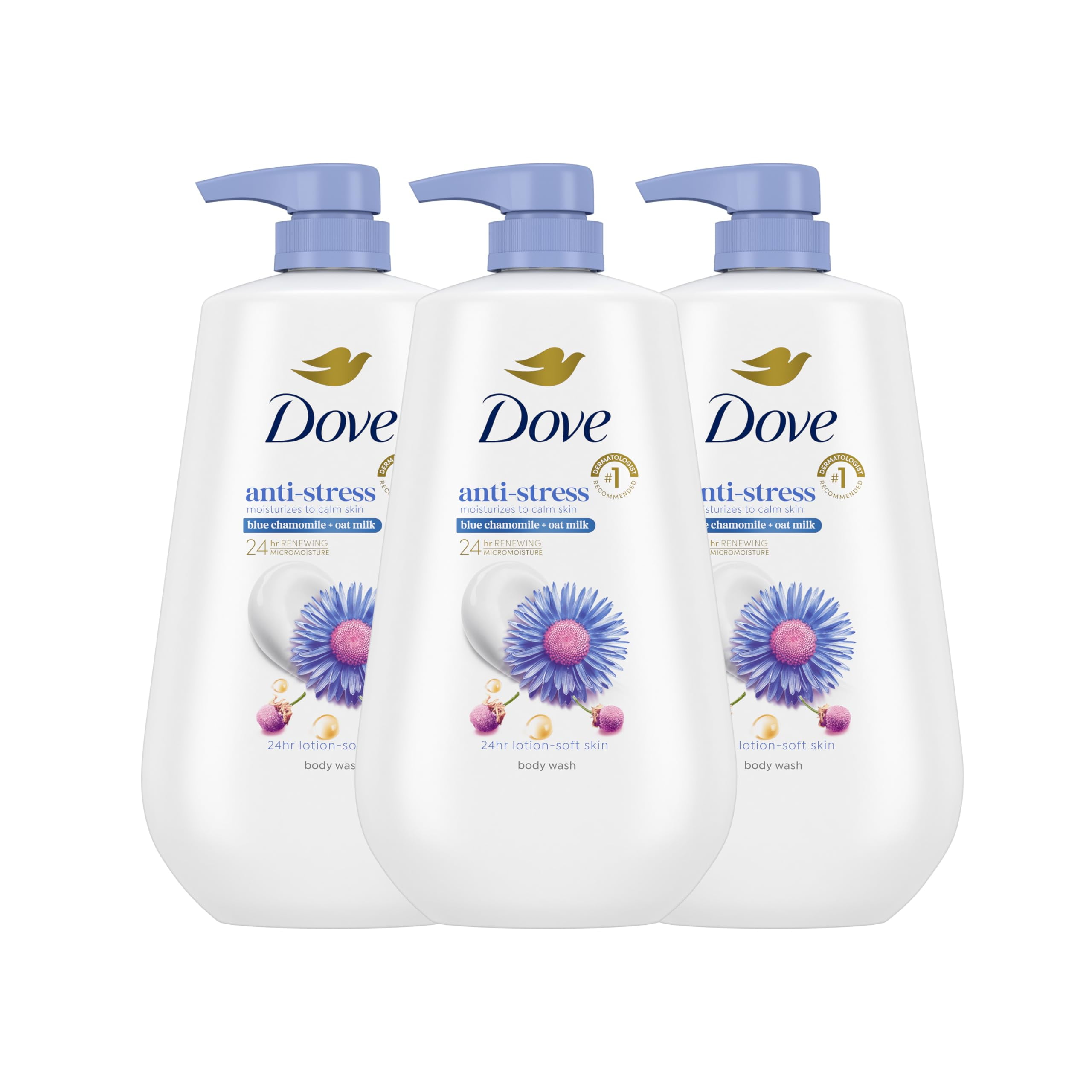 Dove Body Wash with Pump 3 Count Anti-Stress Blue Chamomile and Oat ...