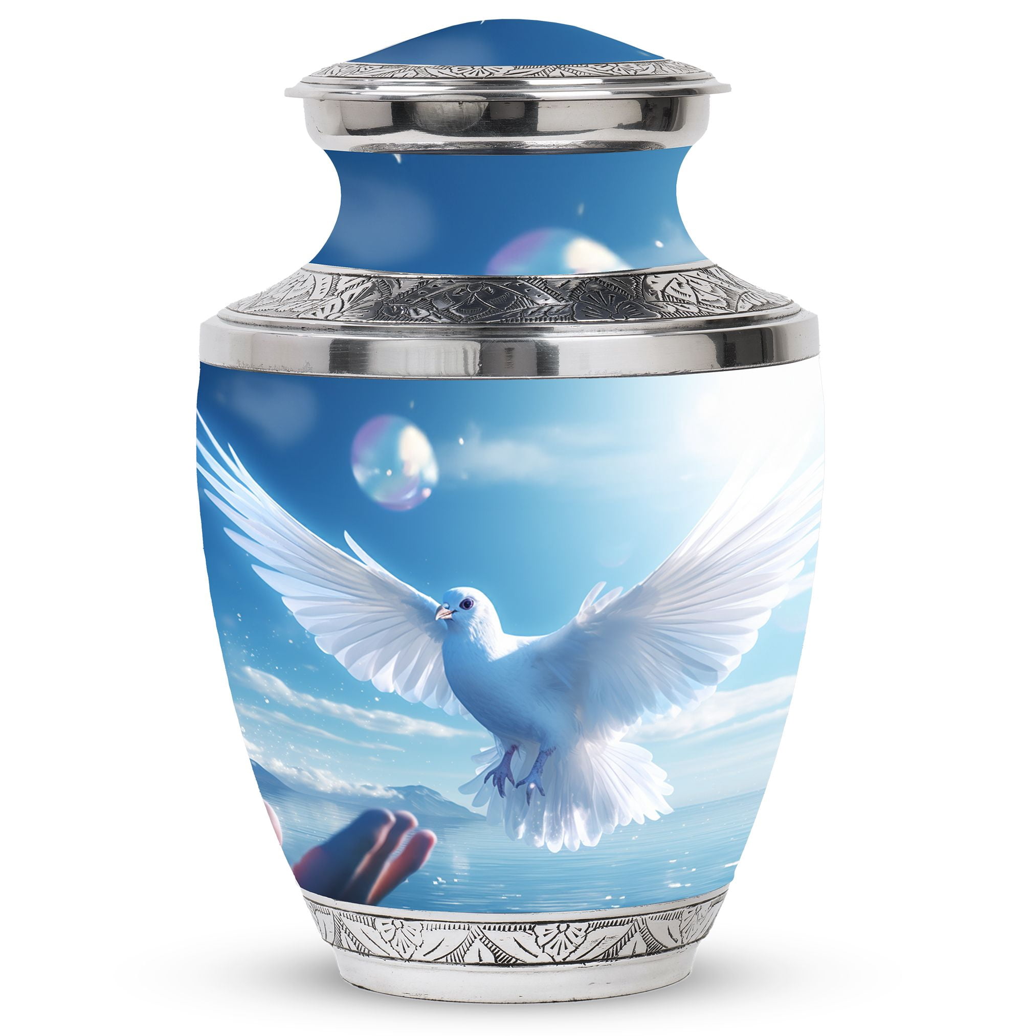 Dove Close To Hands Ocean Background Urn For Human Ashes, Ocean-Themed ...