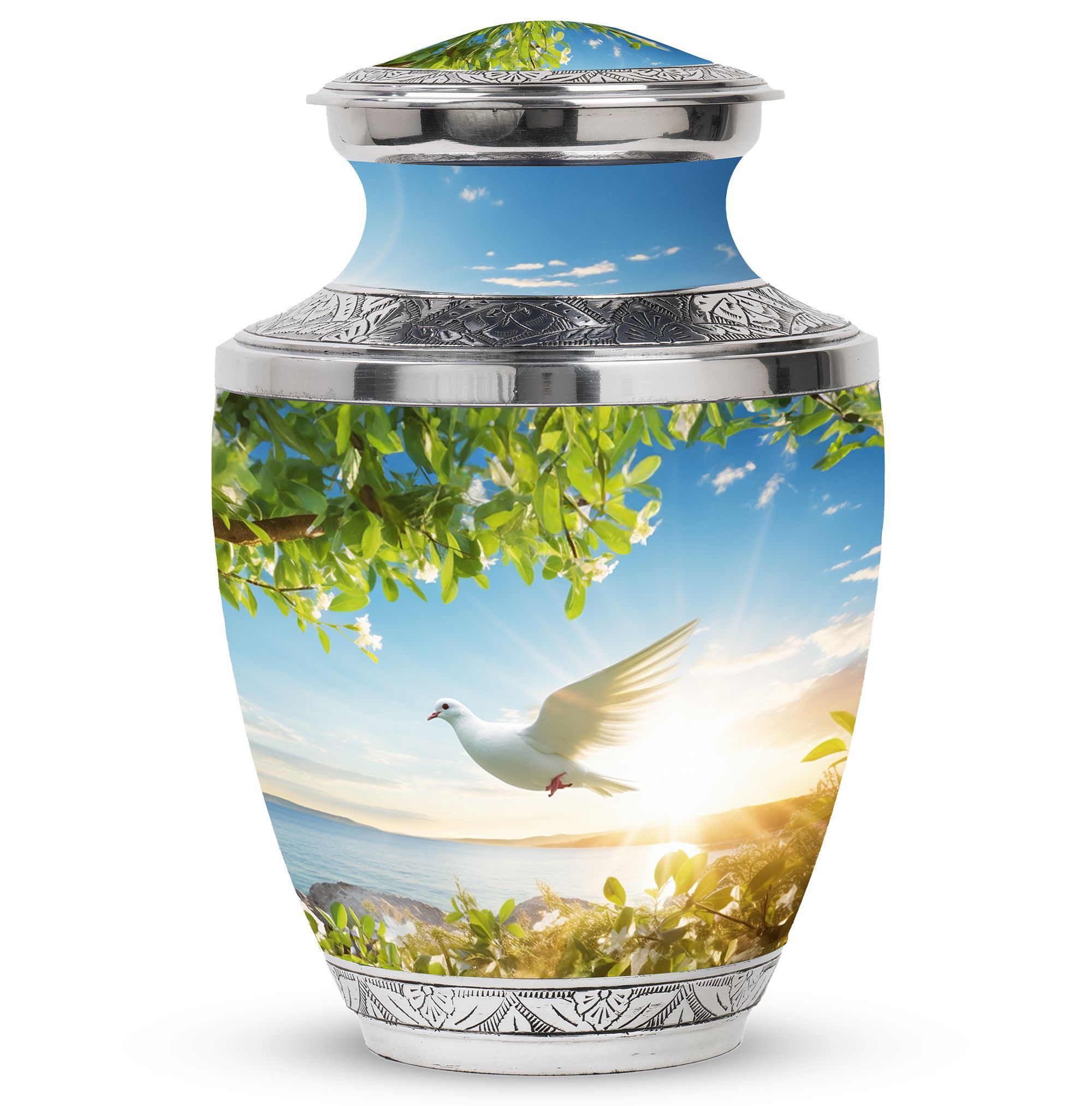 Dove Flying Close To Tree Urn For Ashes, Tree-Themed Memorial Urns For ...