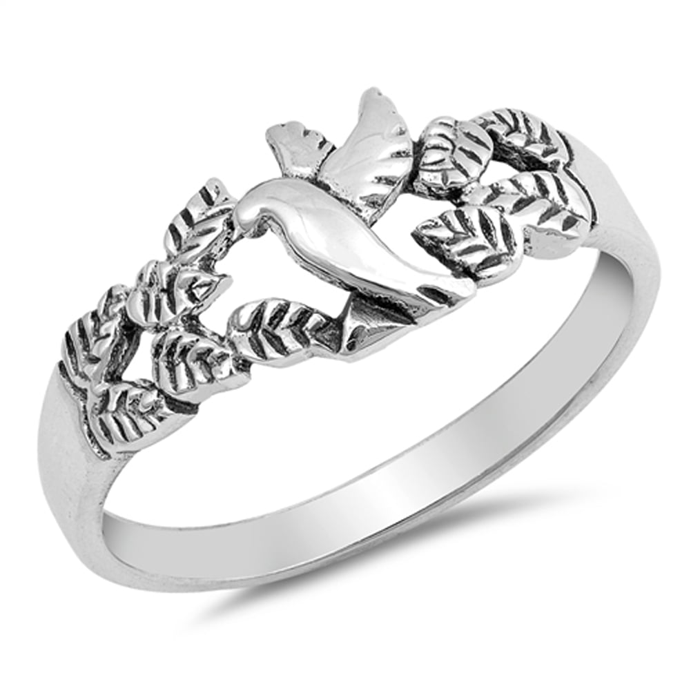 Dove Leaf Oxidized Peace Bird Filigree Ring .925 Sterling Silver Band ...