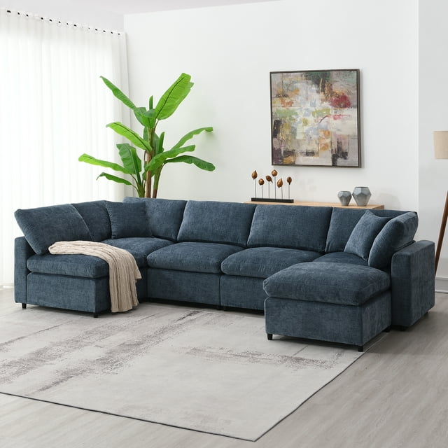 MAYEERTY 130*65" Modular Cloud Sofa Bed, 6 Seat Chenille Sectional Couch Set with Ottoman,Free ...