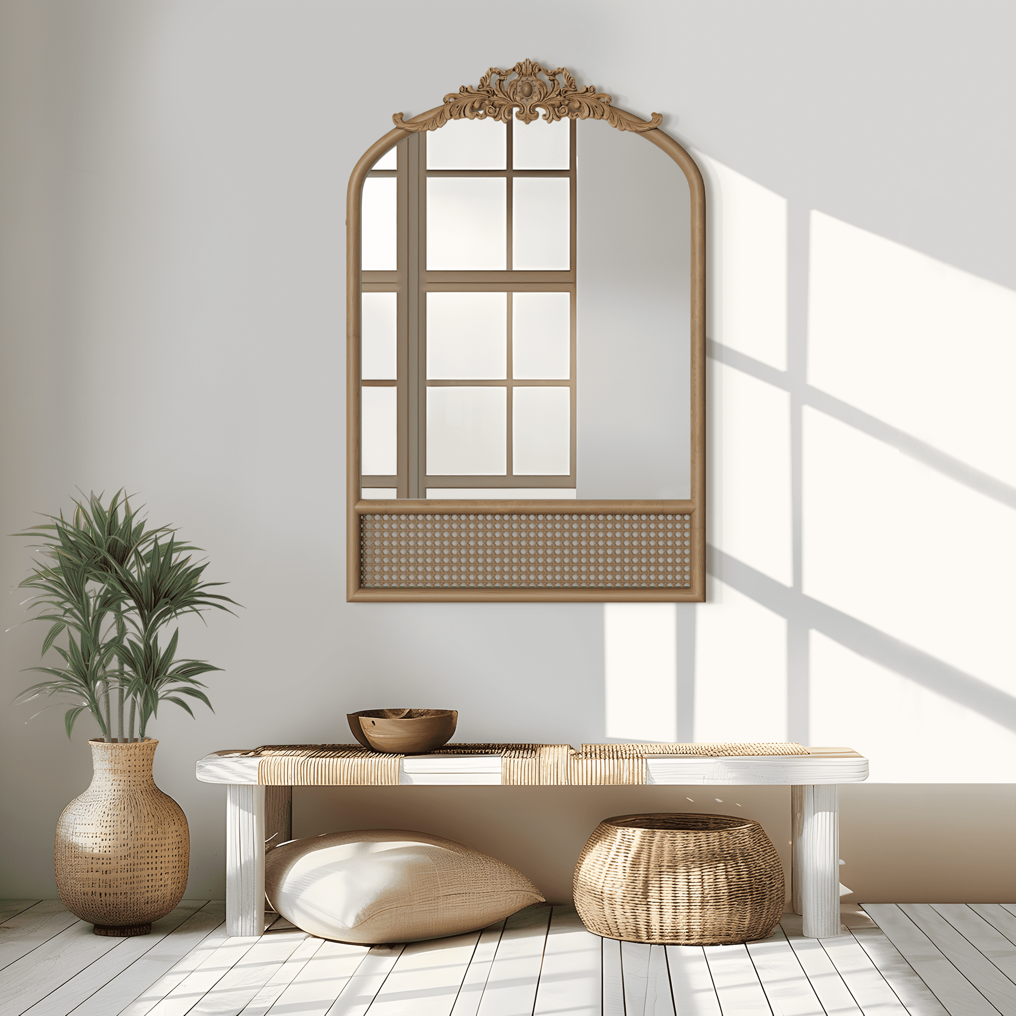 MAYEERTY 36"x 24"Arch Rattan Wood Mirror with Carved Design, Brown ...