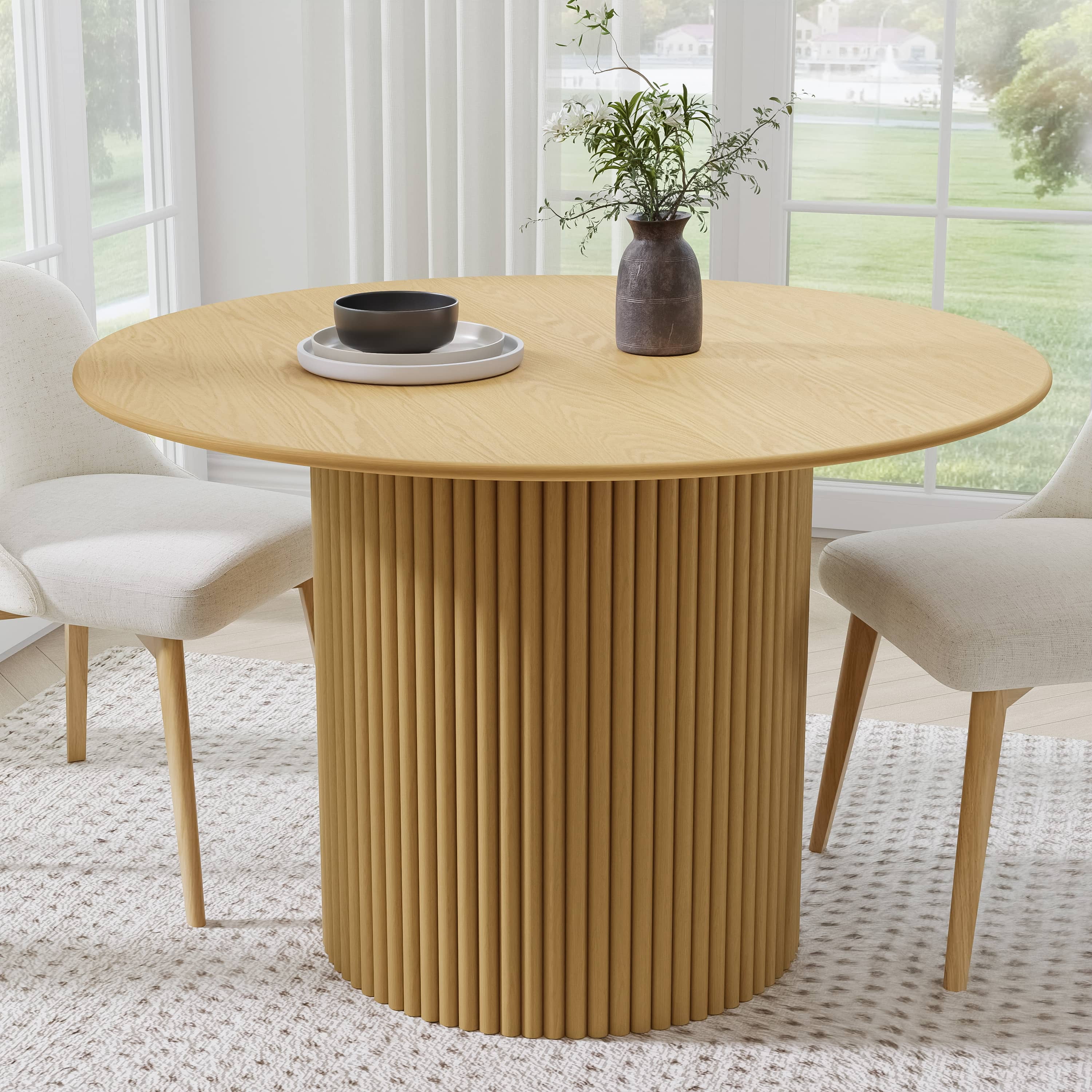 Dovelina 46 Inch Round Wooden Dining Table for 4, Mid-Century, Natural ...