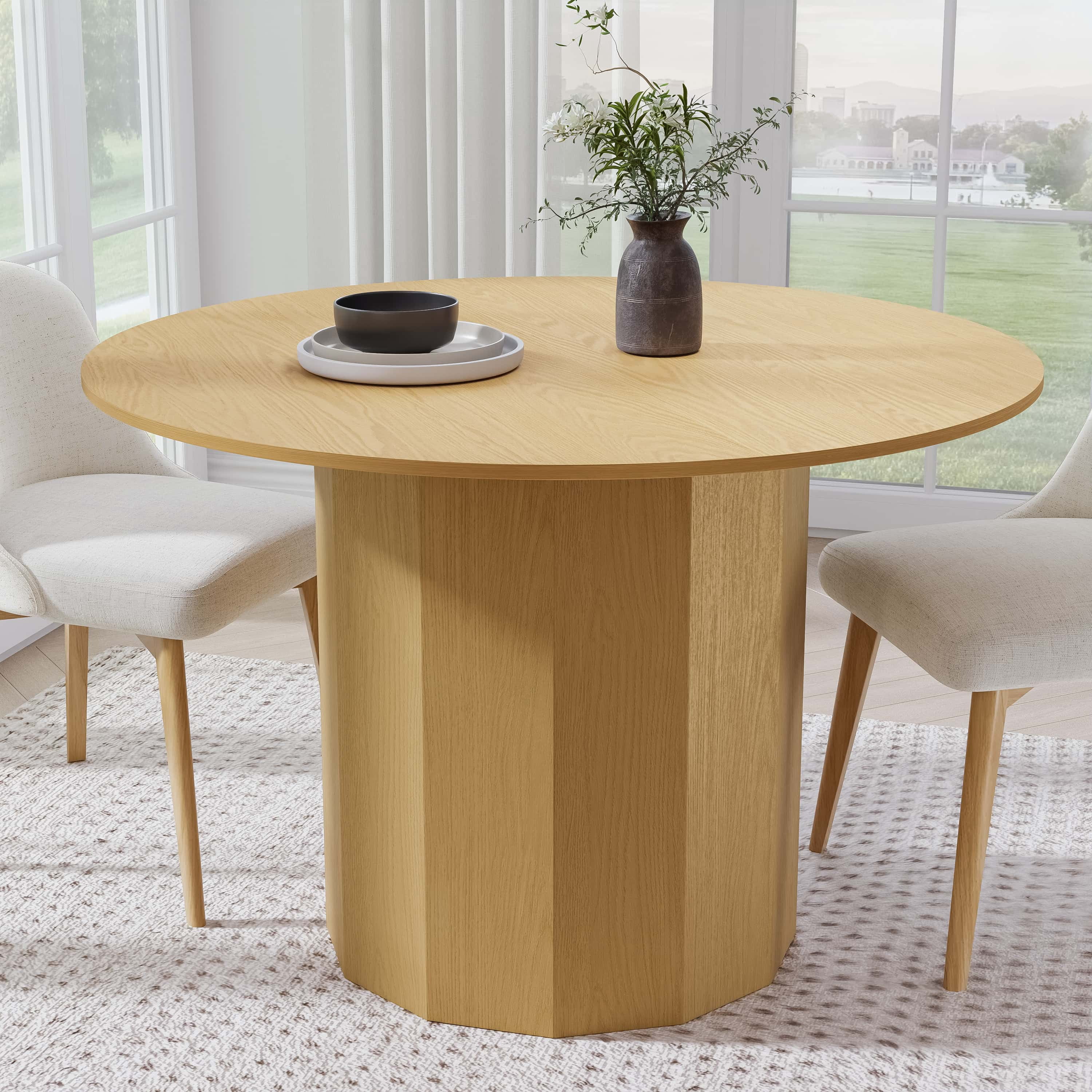 MAYEERTY 46 in. Soild Wood Natural Oak Dining Table Round Kitchen Table ...