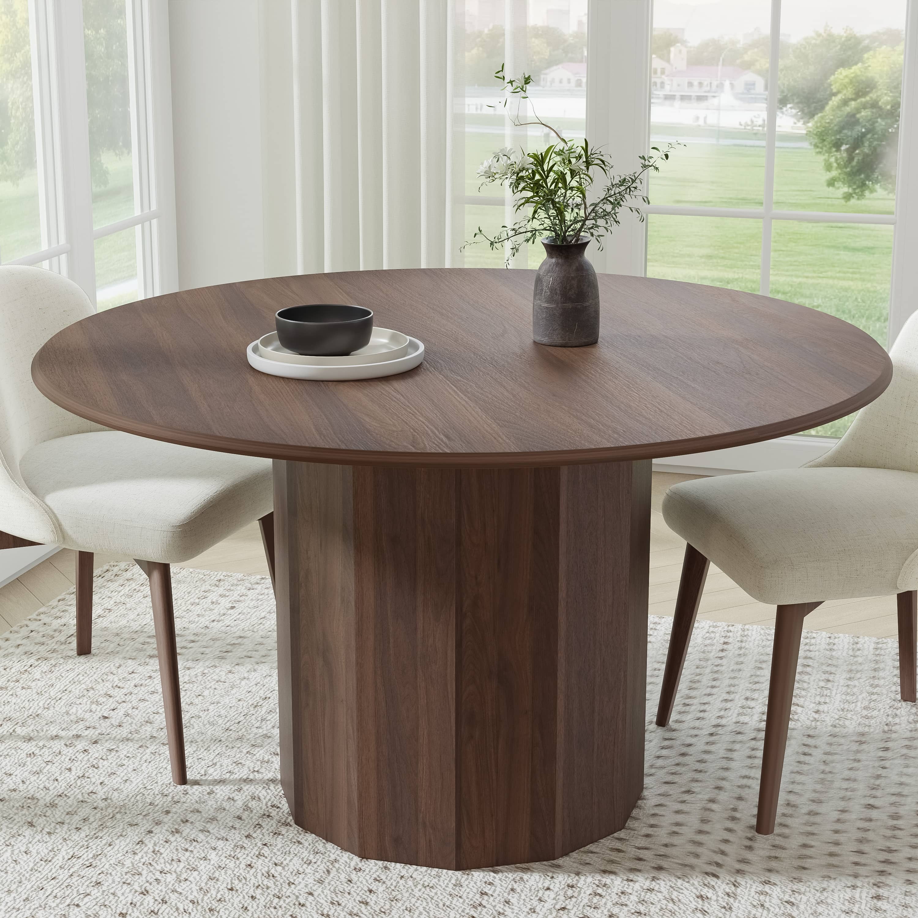 Dovelina 52 Inch Mid-Century Wooden Round Dining Table Walnut for Small ...