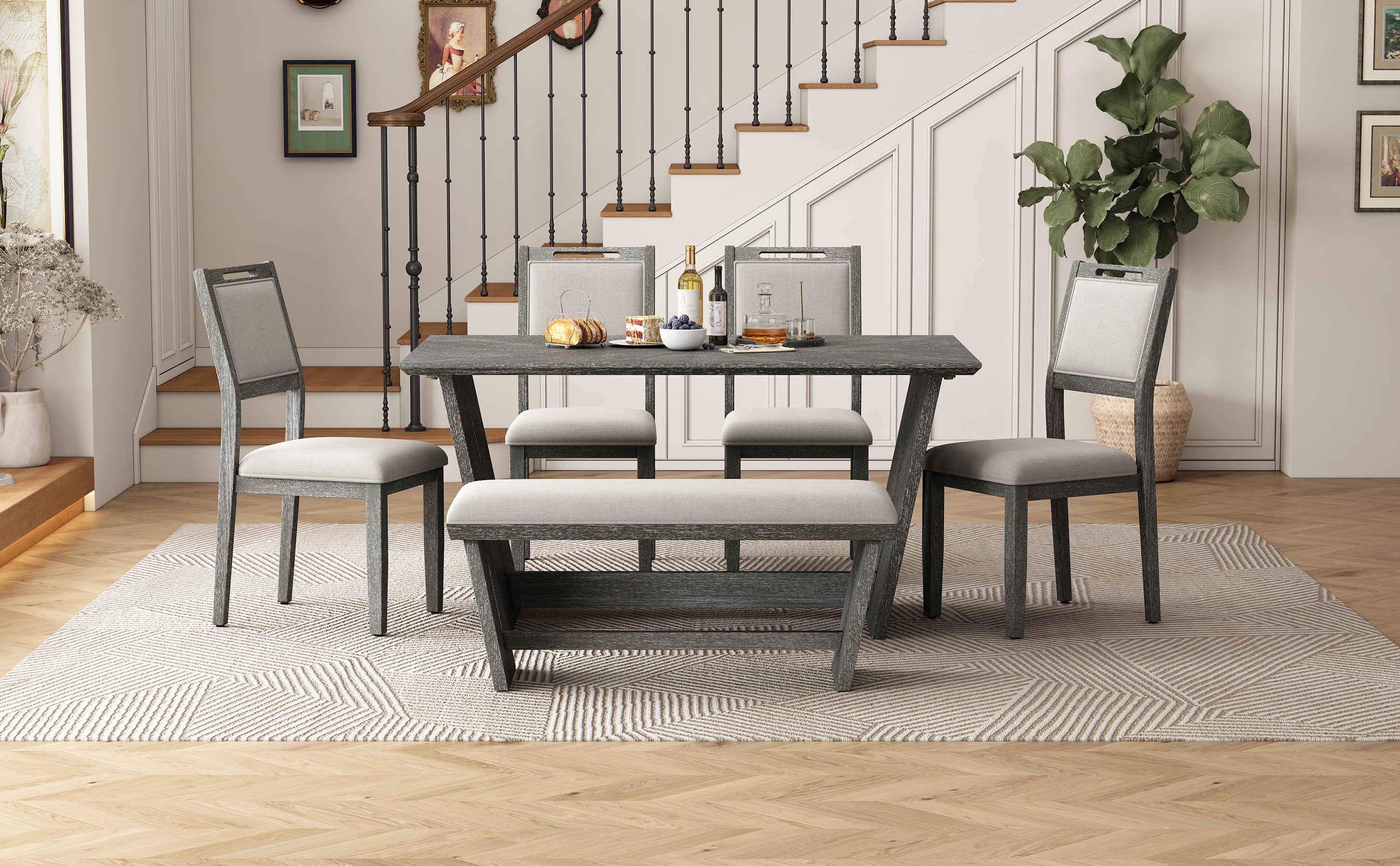 Dovelina 6-Piece Retro Dining Table Set for 6, 60" Wood Kitchen Table ...