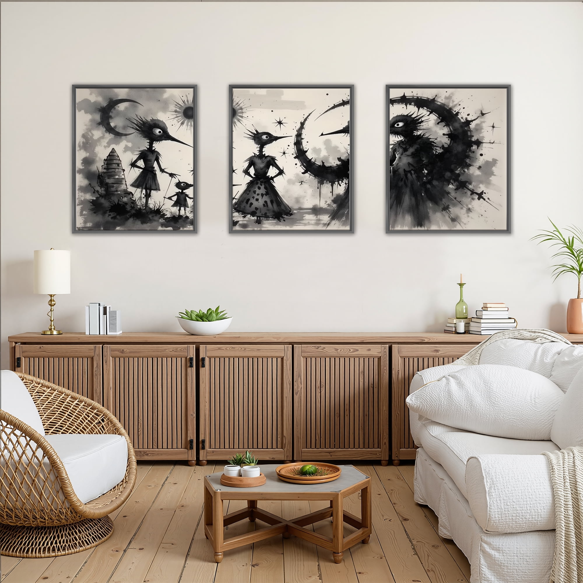 Dovelina Black & White Alien Wall Art – Three Female Beings with Sharp ...