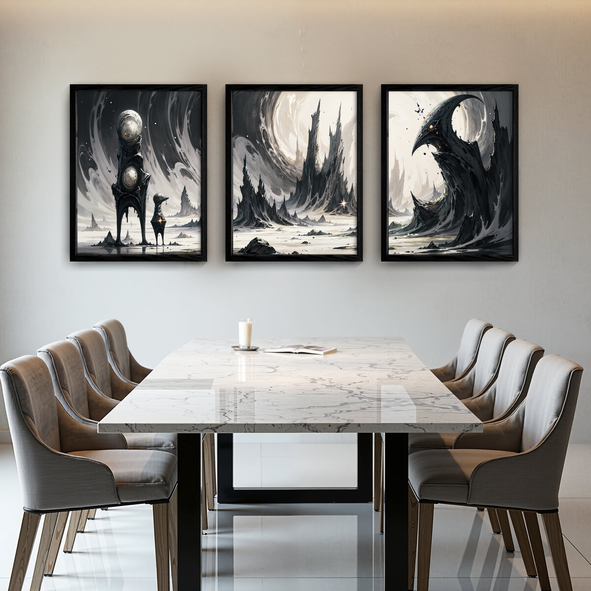 Dovelina Black & White Surreal Wall Art – Spiked Towers & Eye Stone ...