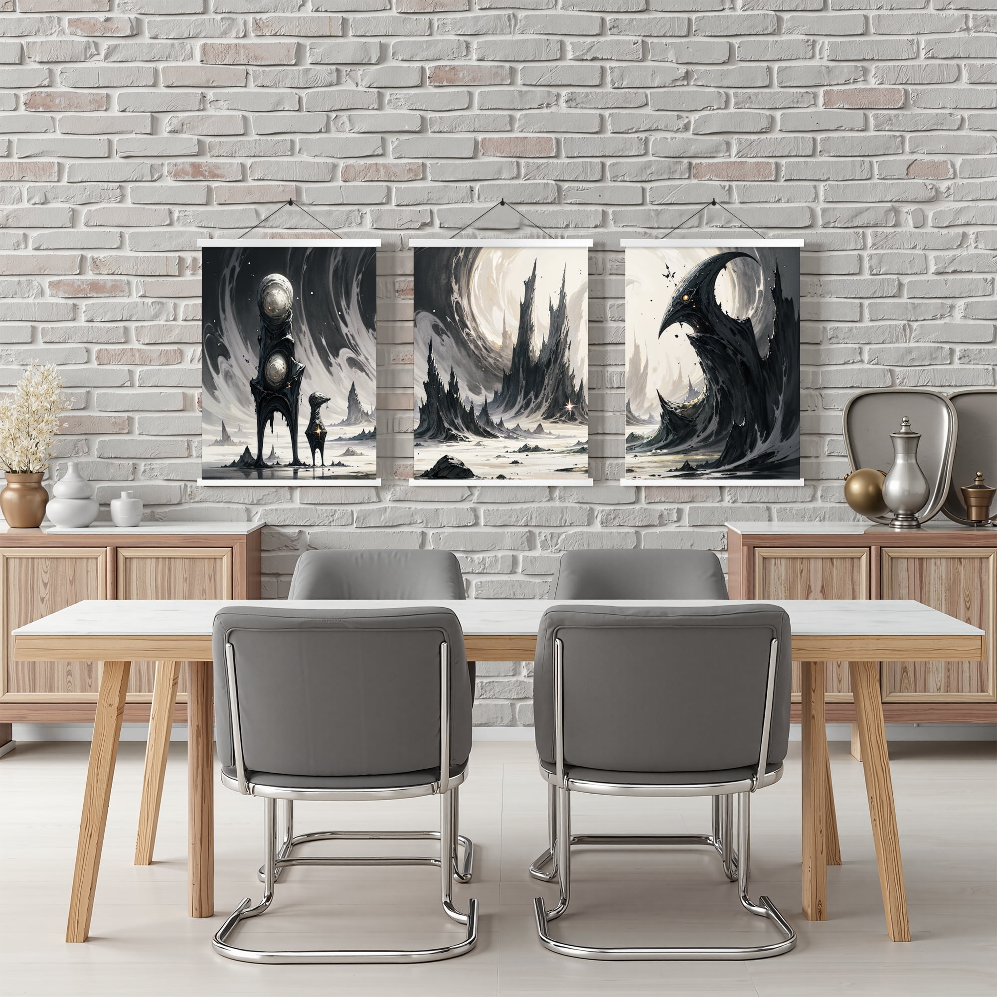 Dovelina Black & White Surreal Wall Art – Spiked Towers & Eye Stone ...