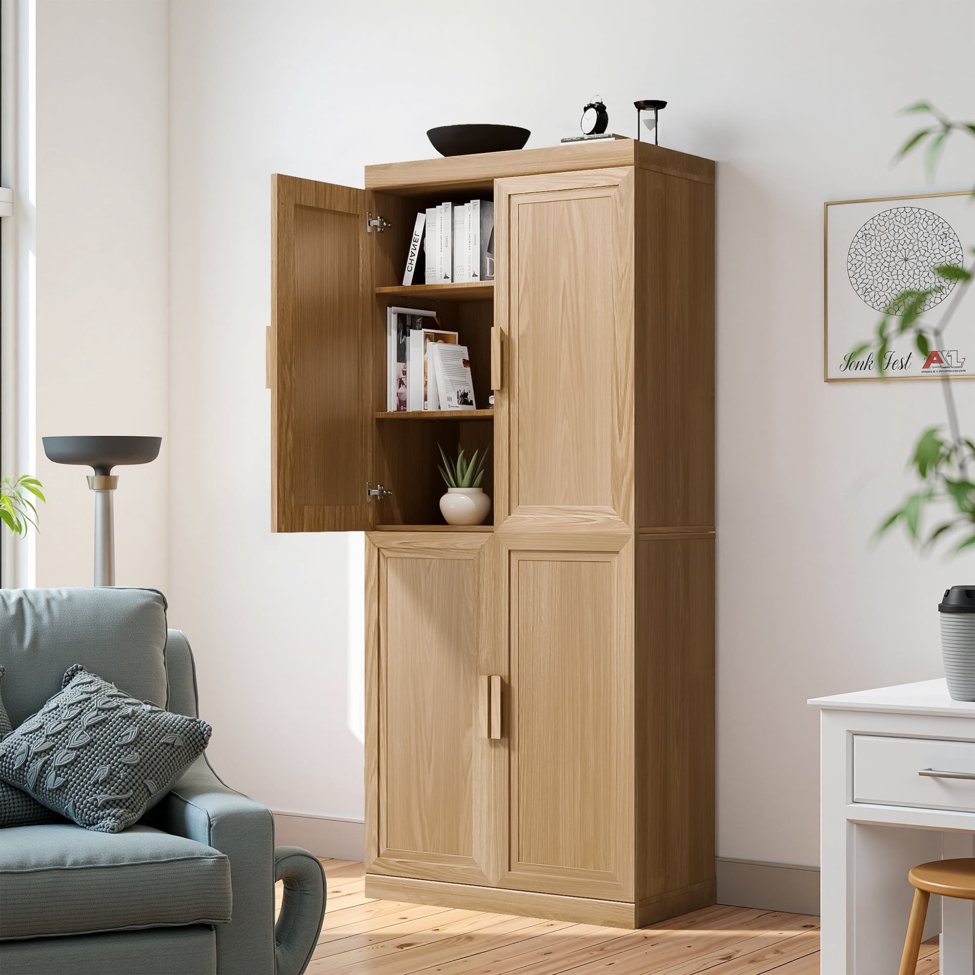 MAYEERTY Doorless Open Shelves Storage Wood Cabinet for Living Room，Set ...