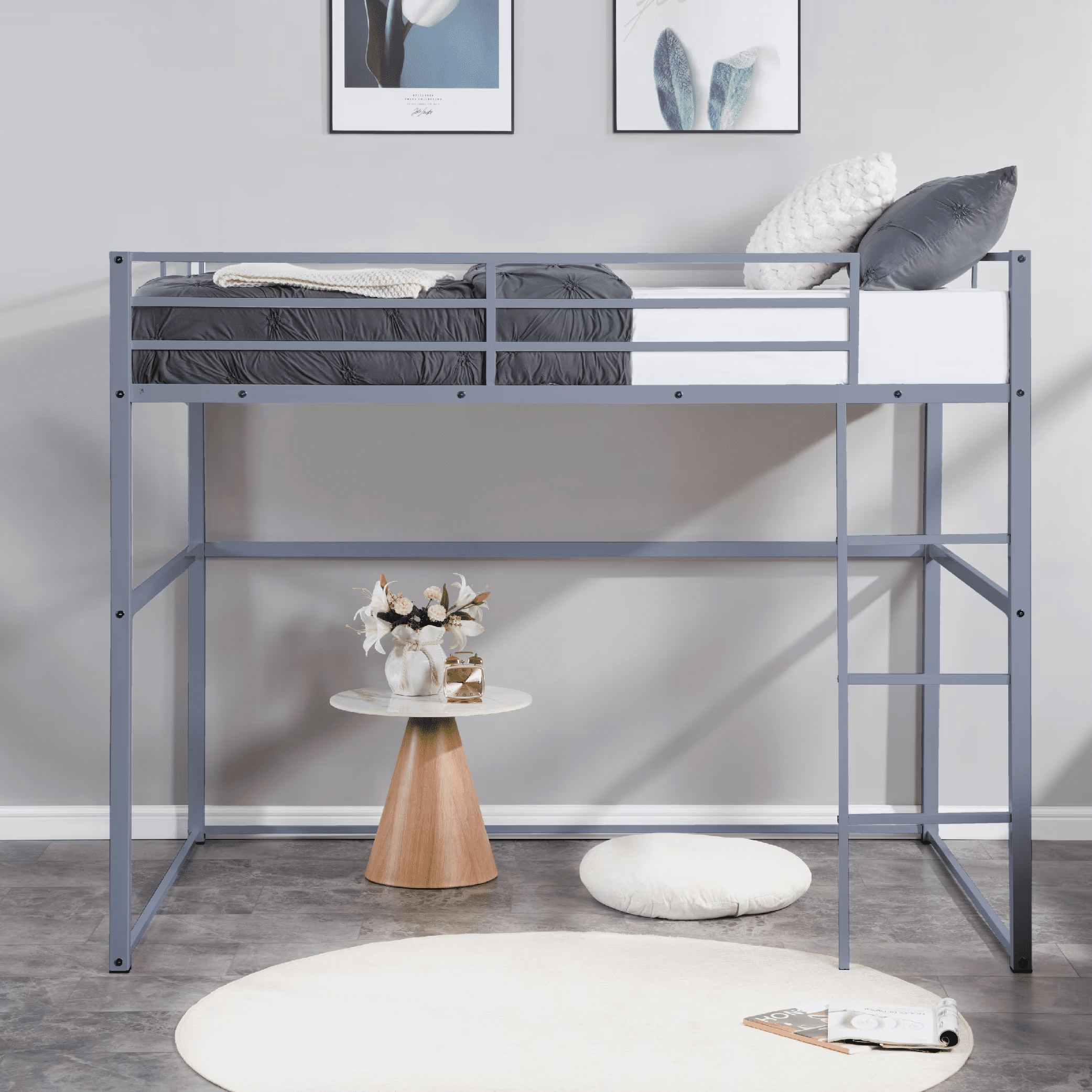 MAYEERTY Twin Size Metal Loft Bed with Safety Guard Rails & Flat Ladder ...