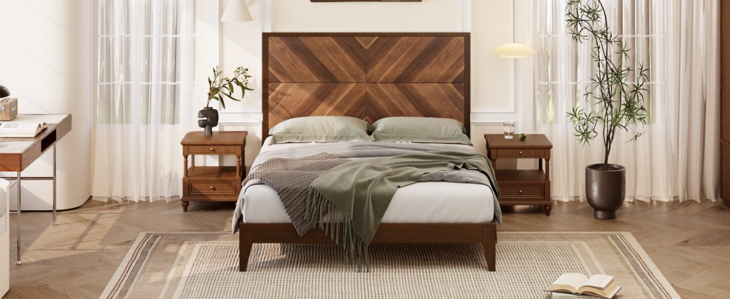 Dovelina Mid-Century Modern Platform Bed Wood Slat Support with No Box ...