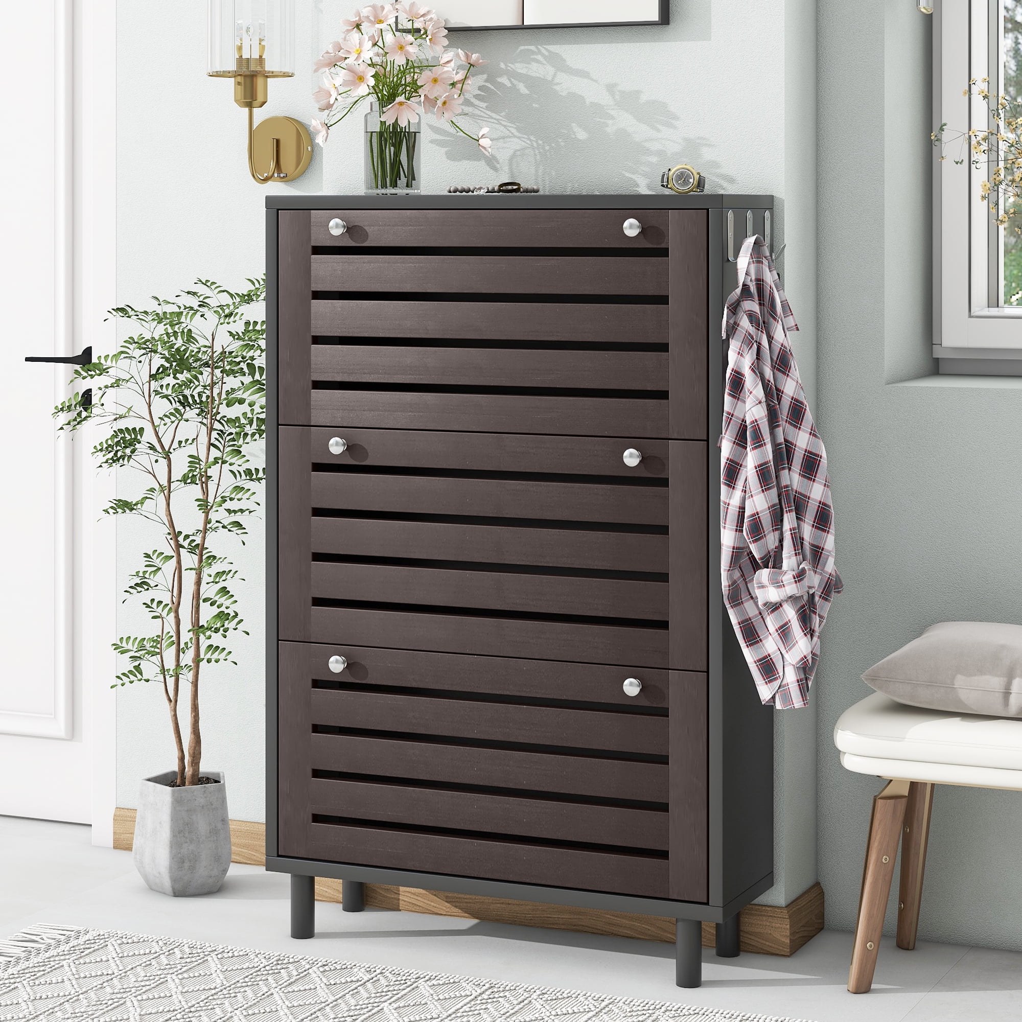 MAYEERTY Minimalist Slim Tipping Bucket Shoe Cabinet with Hanging Hooks ...