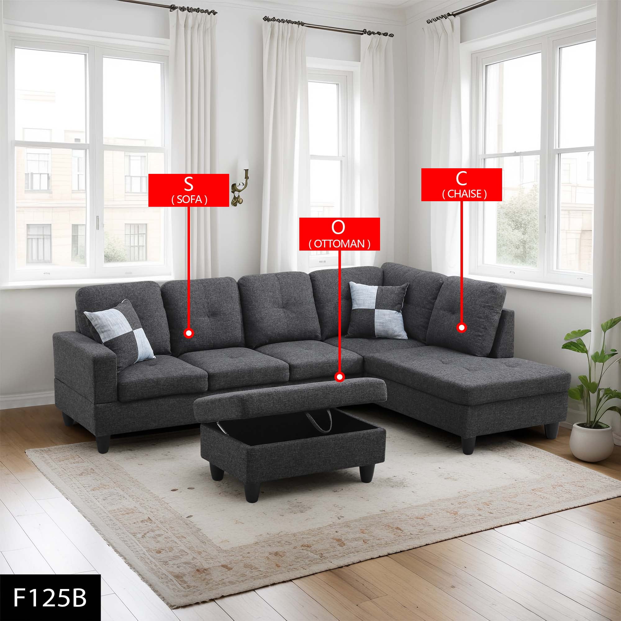 MAYEERTY 103.5" Modern Linen 3-Piece Couch Living Room Sofa Set，Black ...