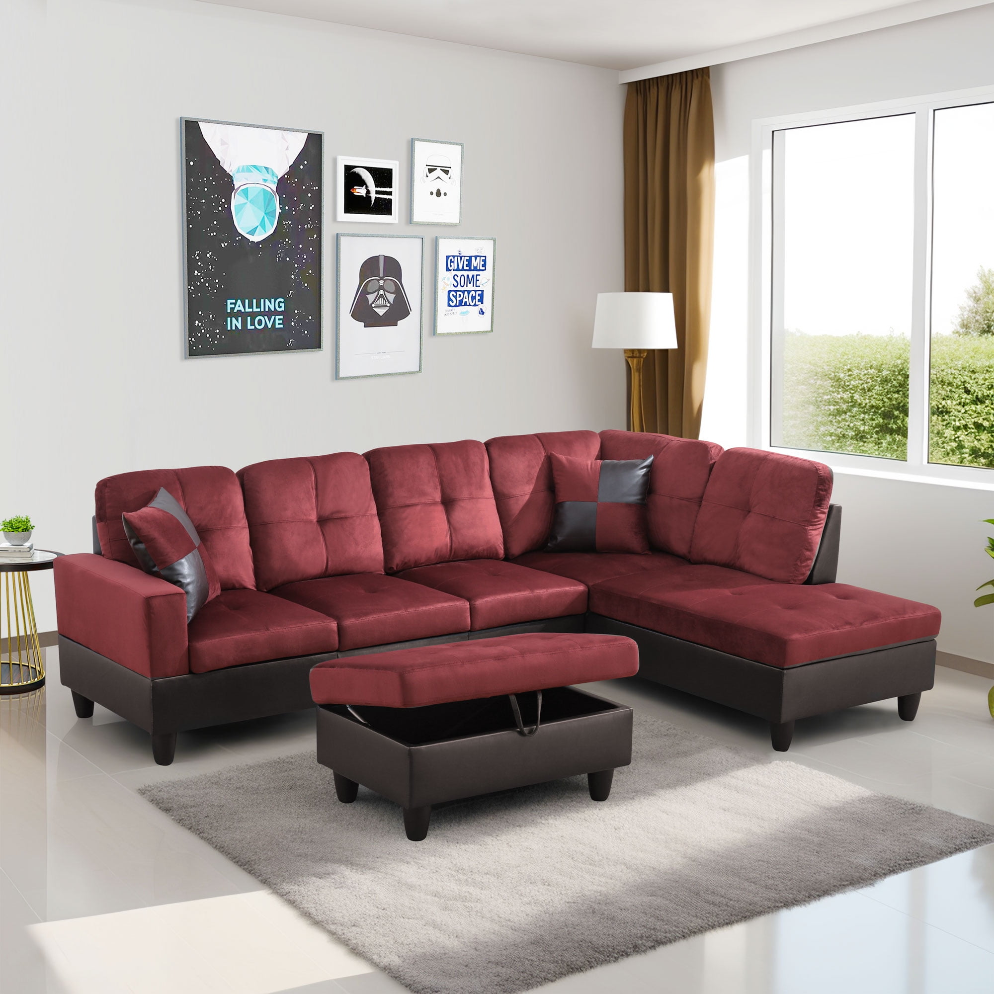 MAYEERTY Red Modern 3-Piece Flannel & PVC Couch Vibrant Bold Living ...
