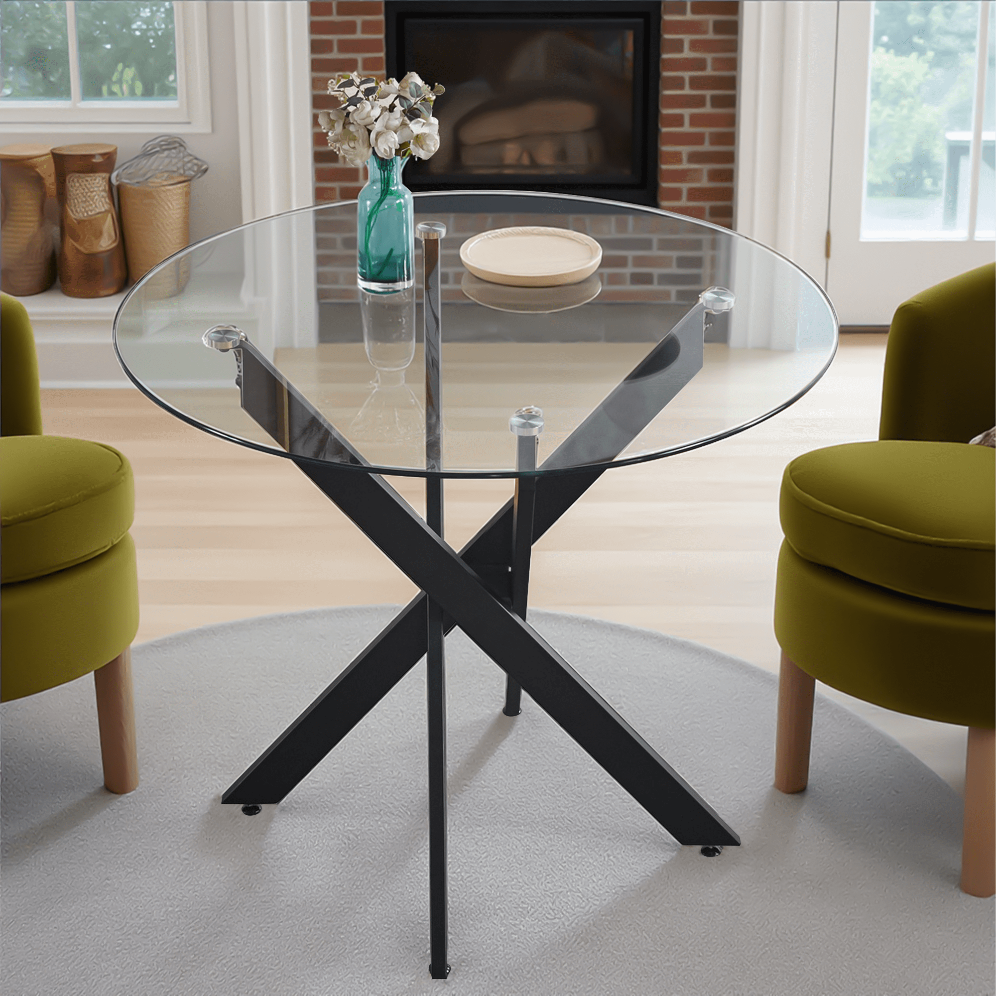 MAYEERTY Modern Black Dining Table Cross Legs Tempered Glass Top Bold ...