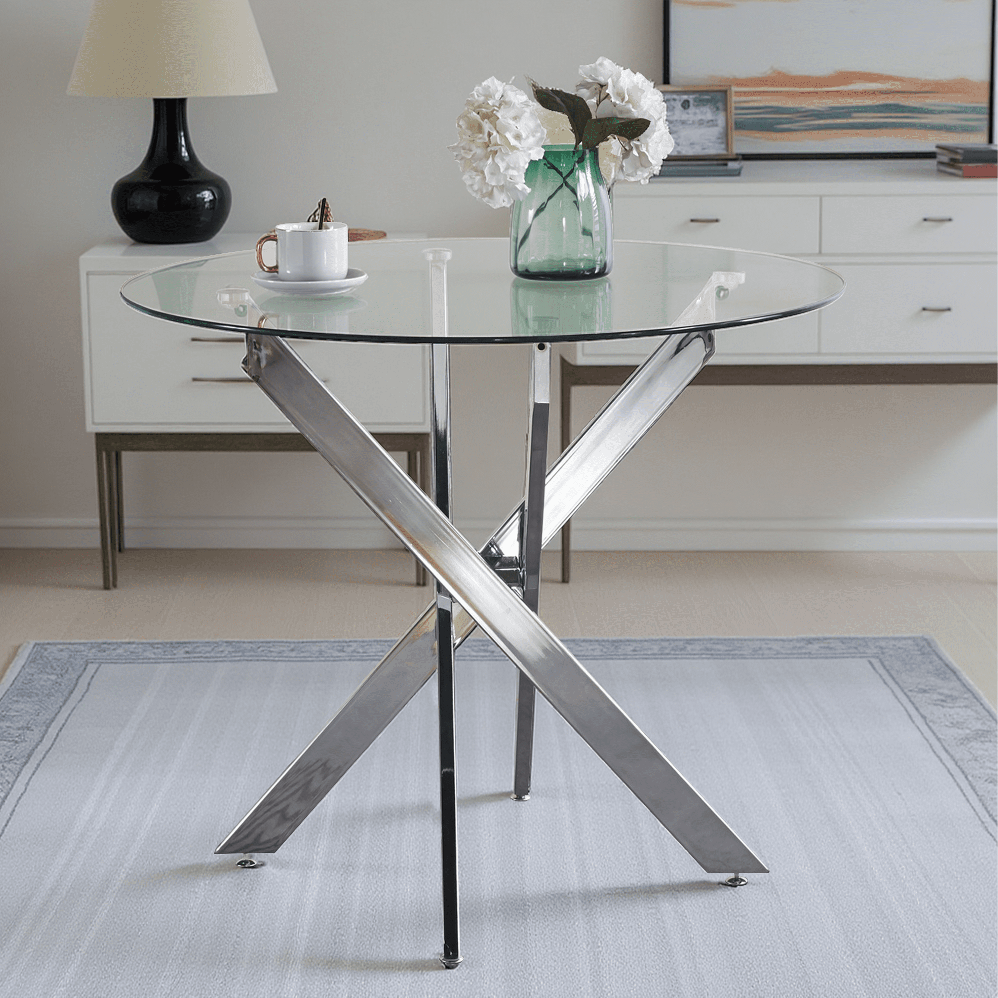 MAYEERTY Modern Dining Table Cross Legs Tempered Glass Top Sleek Living ...