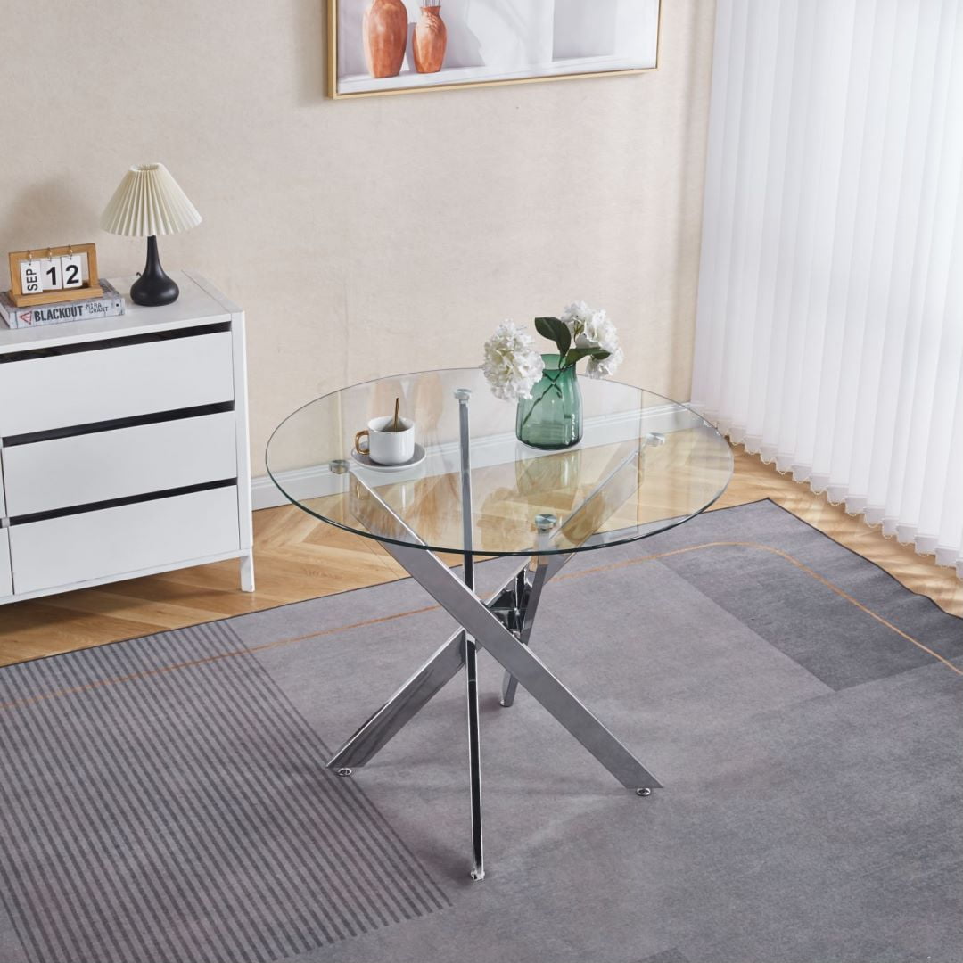 MAYEERTY Modern Dining Table Cross Legs Tempered Glass Top Sturdy Easy ...