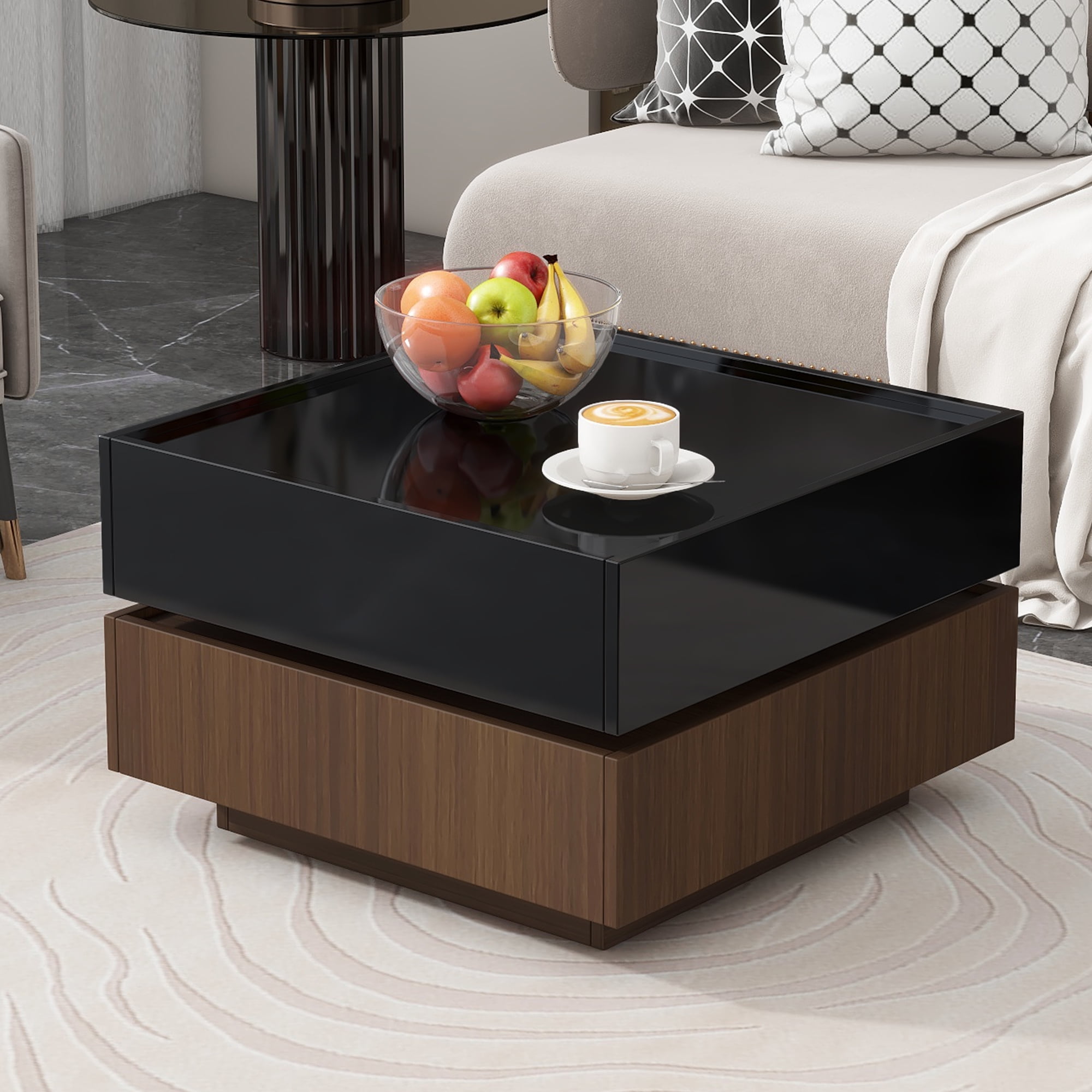 Dovelina Multi-Functional Square 360°Rotating Coffee Table, High Gloss ...