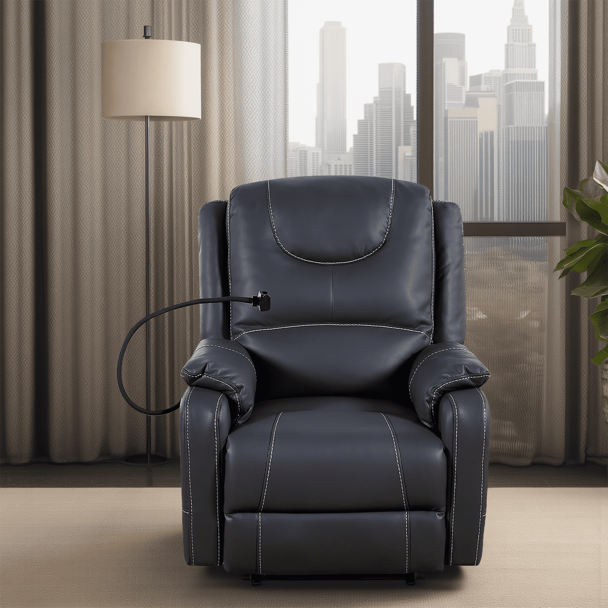 Dovelina Push-Button Power Recliner with Deep Body Cushions, Black Faux ...