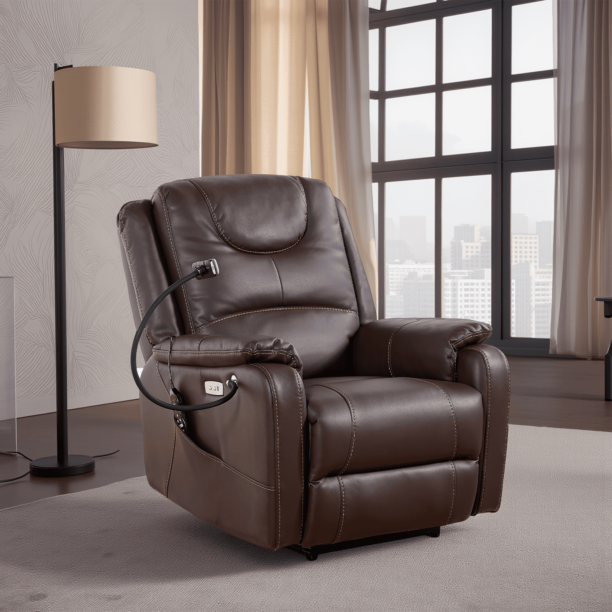 MAYEERTY Push-Button Power Recliner with Deep Body Cushions, Brown Faux ...