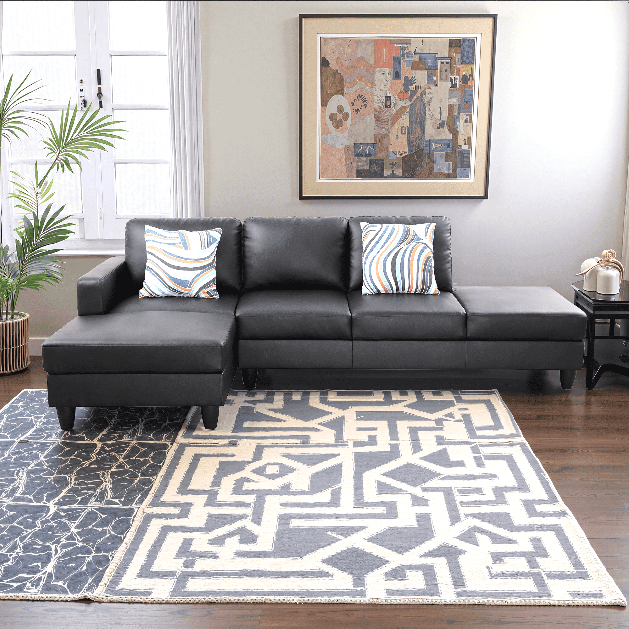 MAYEERTY Superior Black Semi-PU Modern Adult Couch Living Room Sofa Set ...