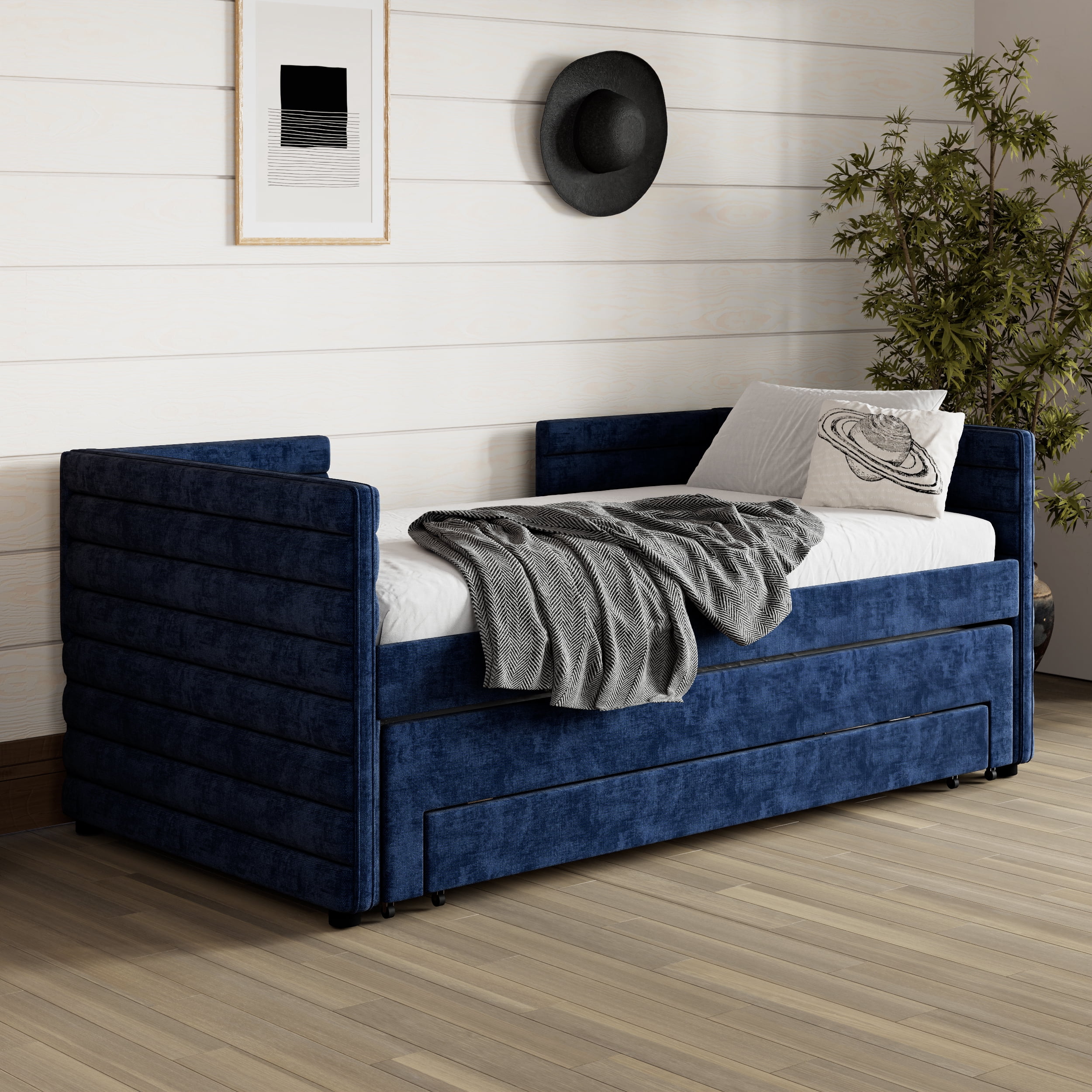 MAYEERTY Twin Upholstered Daybed Trundle 3 Drawers Chenille Sofa Bed ...