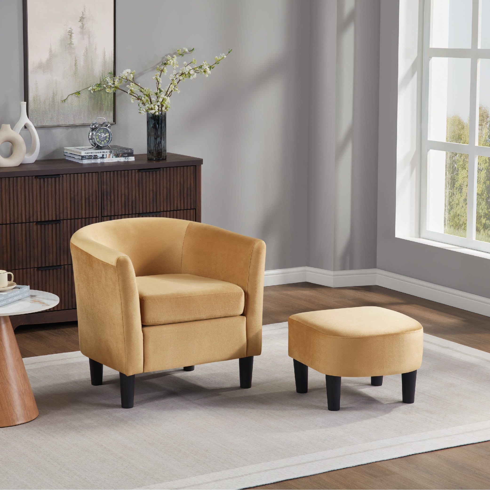 MAYEERTY Velvet Accent Chair with Ottoman, Yellow Barrel Chair for ...