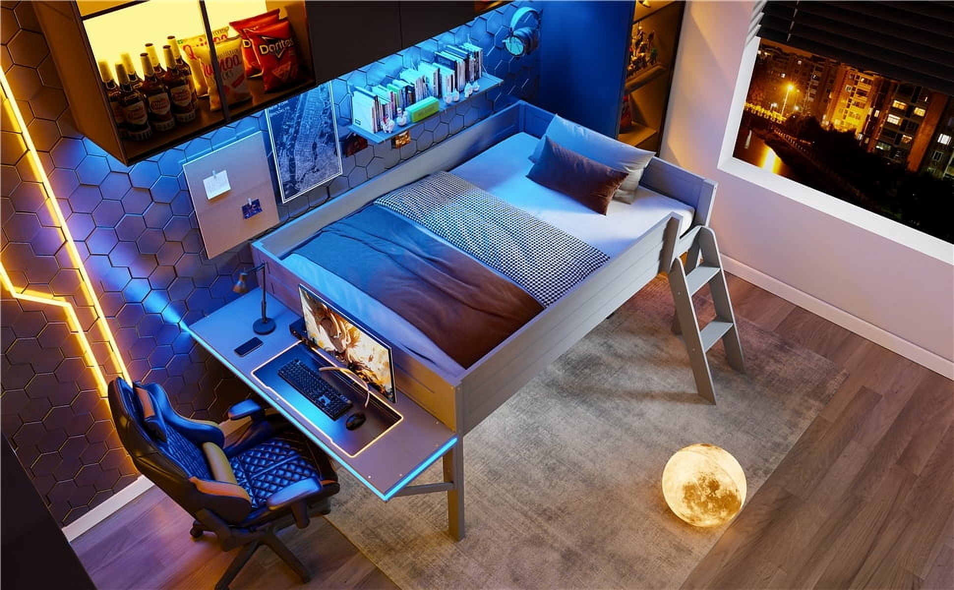 Dovelina Wood Full Size Gaming Loft Bed with Desk and LED, Grey ...